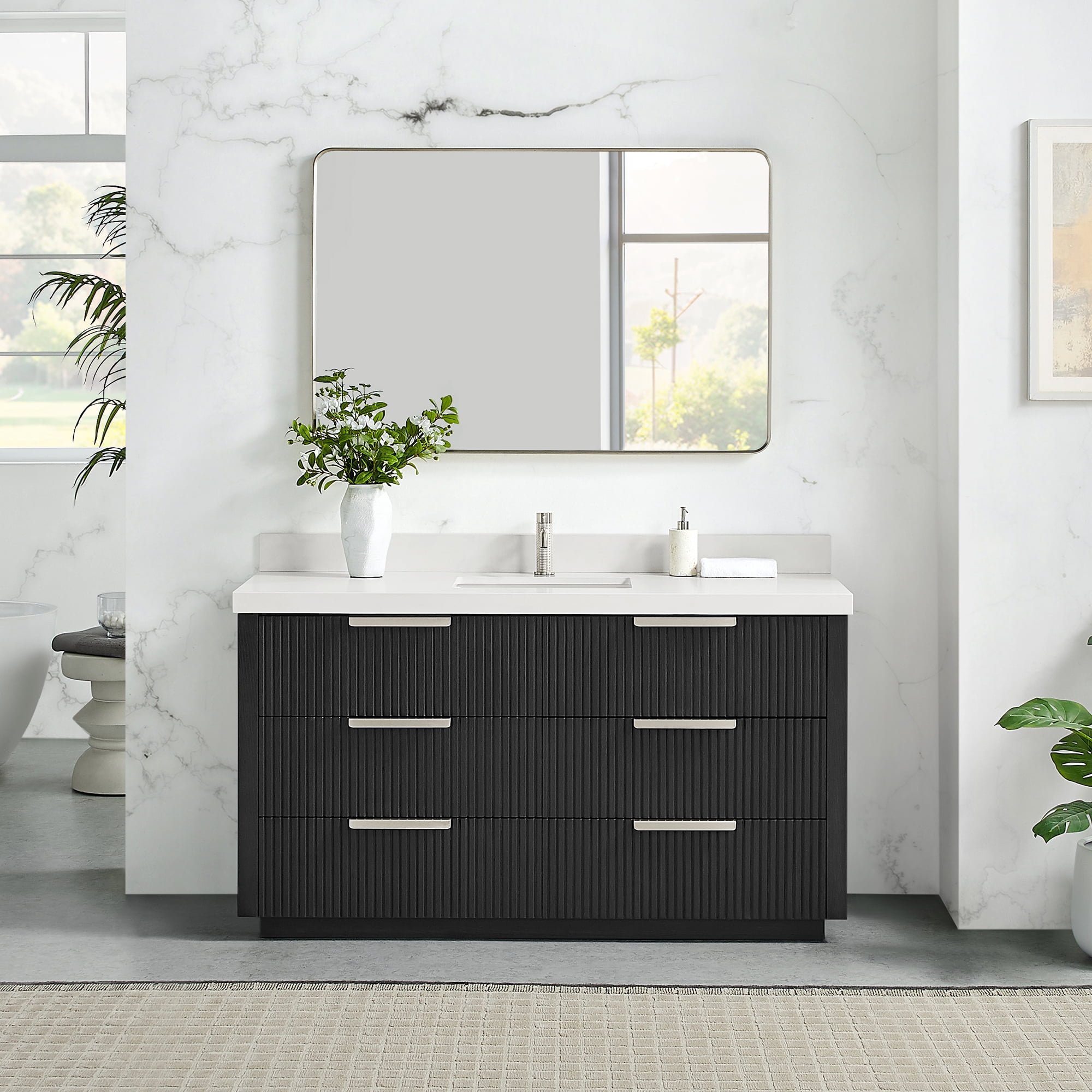 Santarem 60" Single Vanity in Oak Weathered Black with White Quartz ...