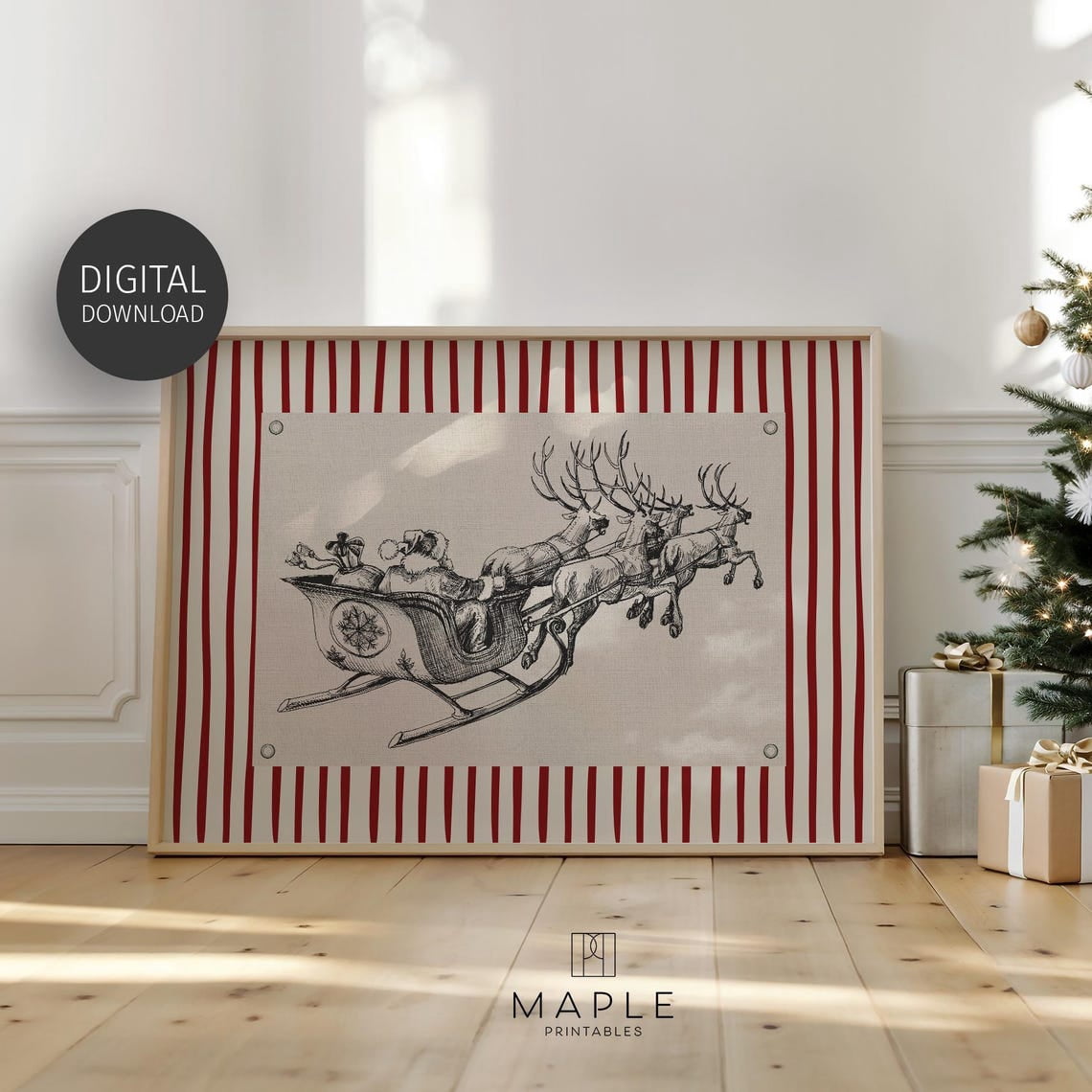 Santas Sleigh Poster, Vintage Red Striped Print, Retro Winter Wall Art ...