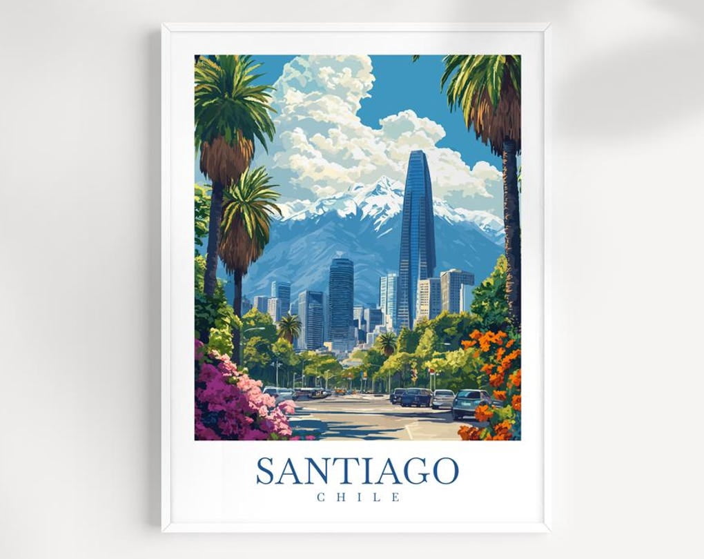 Santiago Chile Travel Print Wall Art – Illustrated Cityscape & Andes ...
