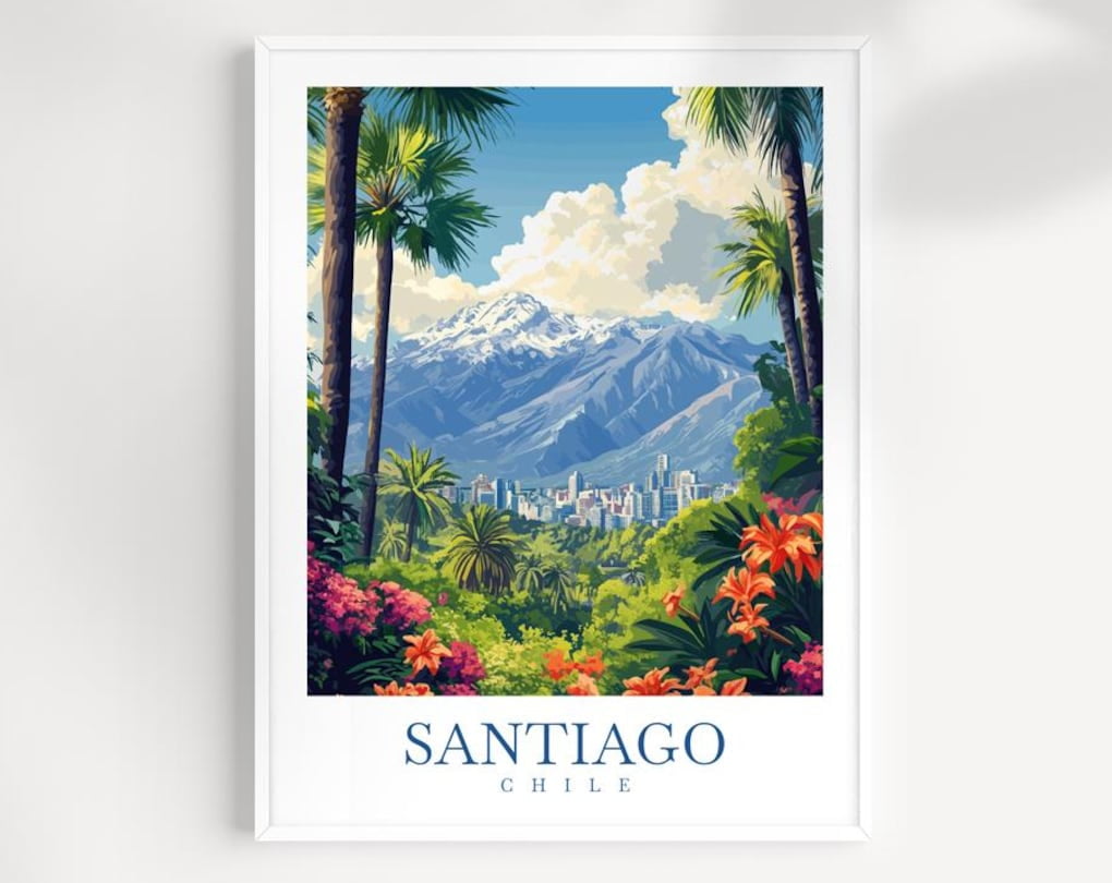 Santiago Chile Travel Print Wall Art – Illustrated Cityscape & Andes ...