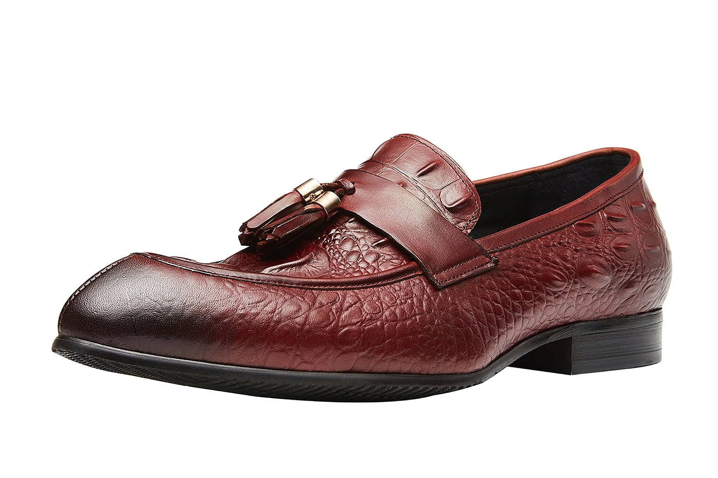 Santimon Wine Red Tassel Loafers for Men Crocodile Grain Slip on Formal ...