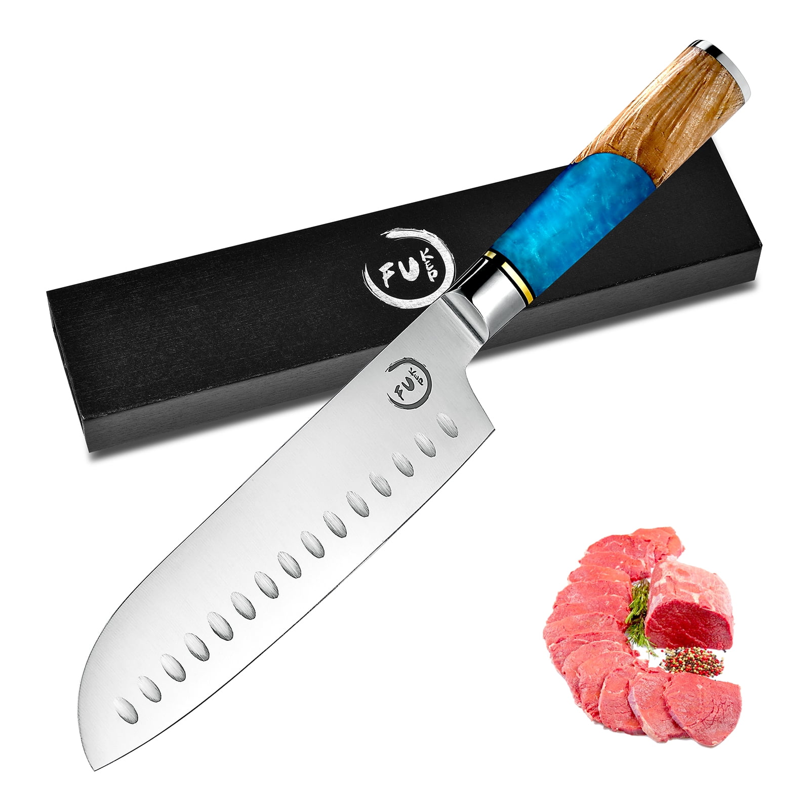 7 inch Santoku Chef Knife with Wood Handle, Super Sharp Edge, HC ...