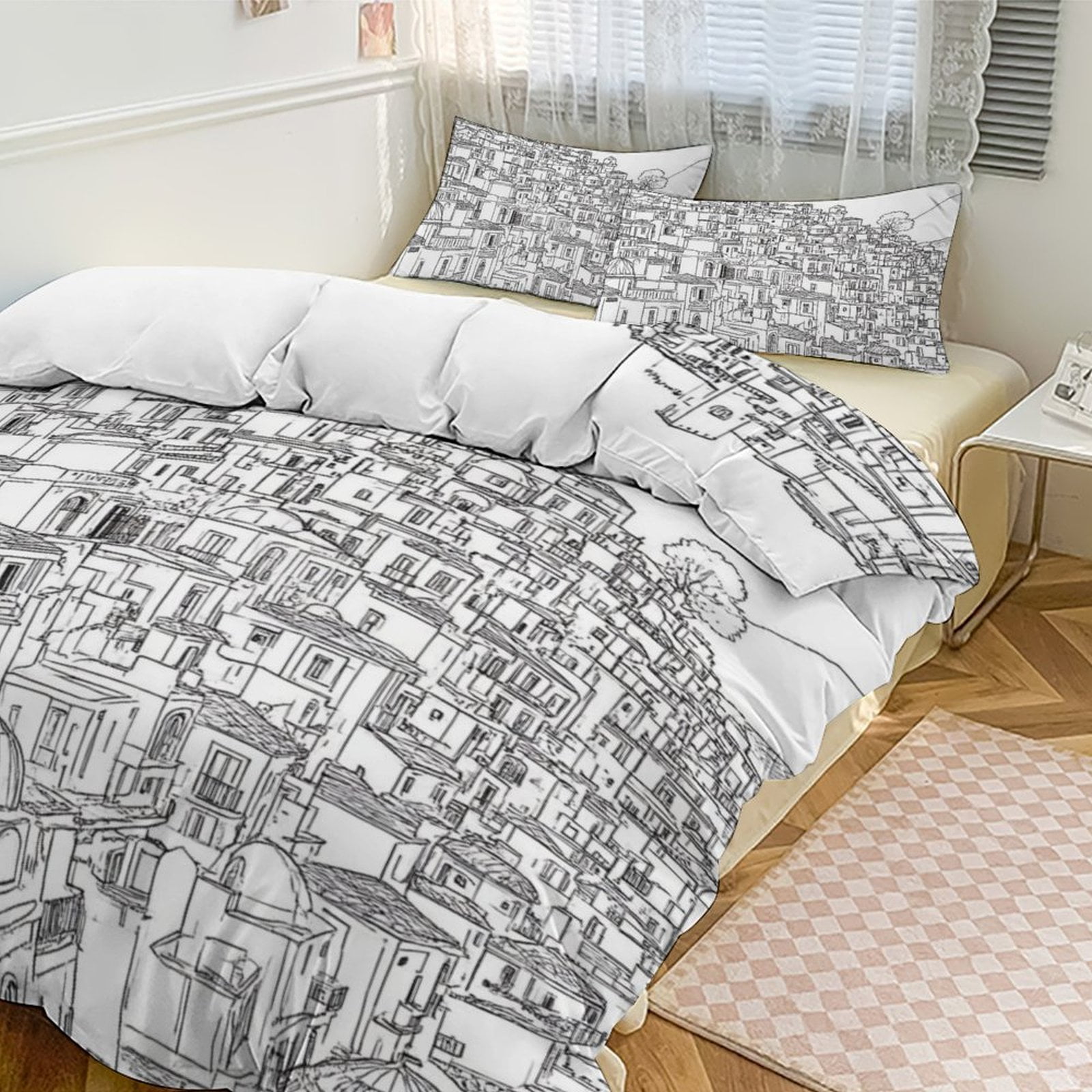 Santorini Black And White Greece Greek Art 90"x90" 3 Pcs Soft Bedding ...