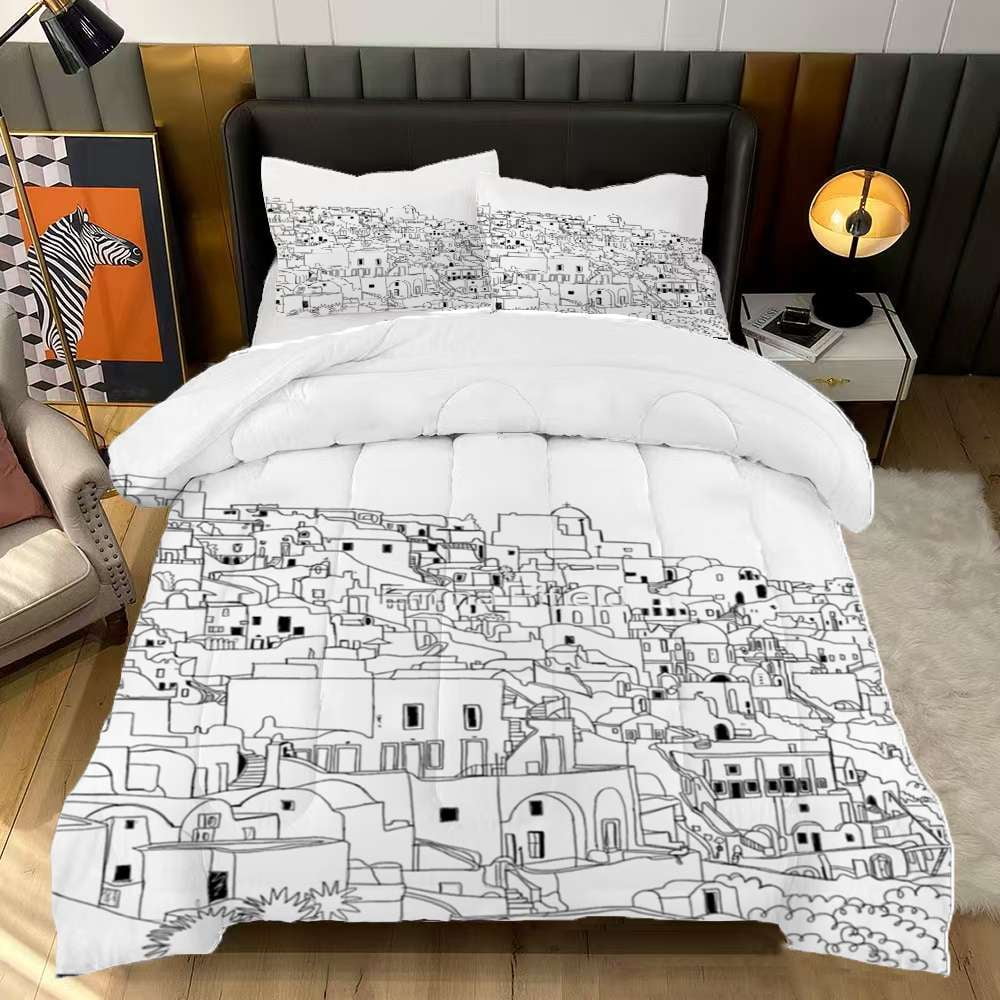 Santorini Black White Greece Greek Art Comforter Set Twin Size Bedding ...