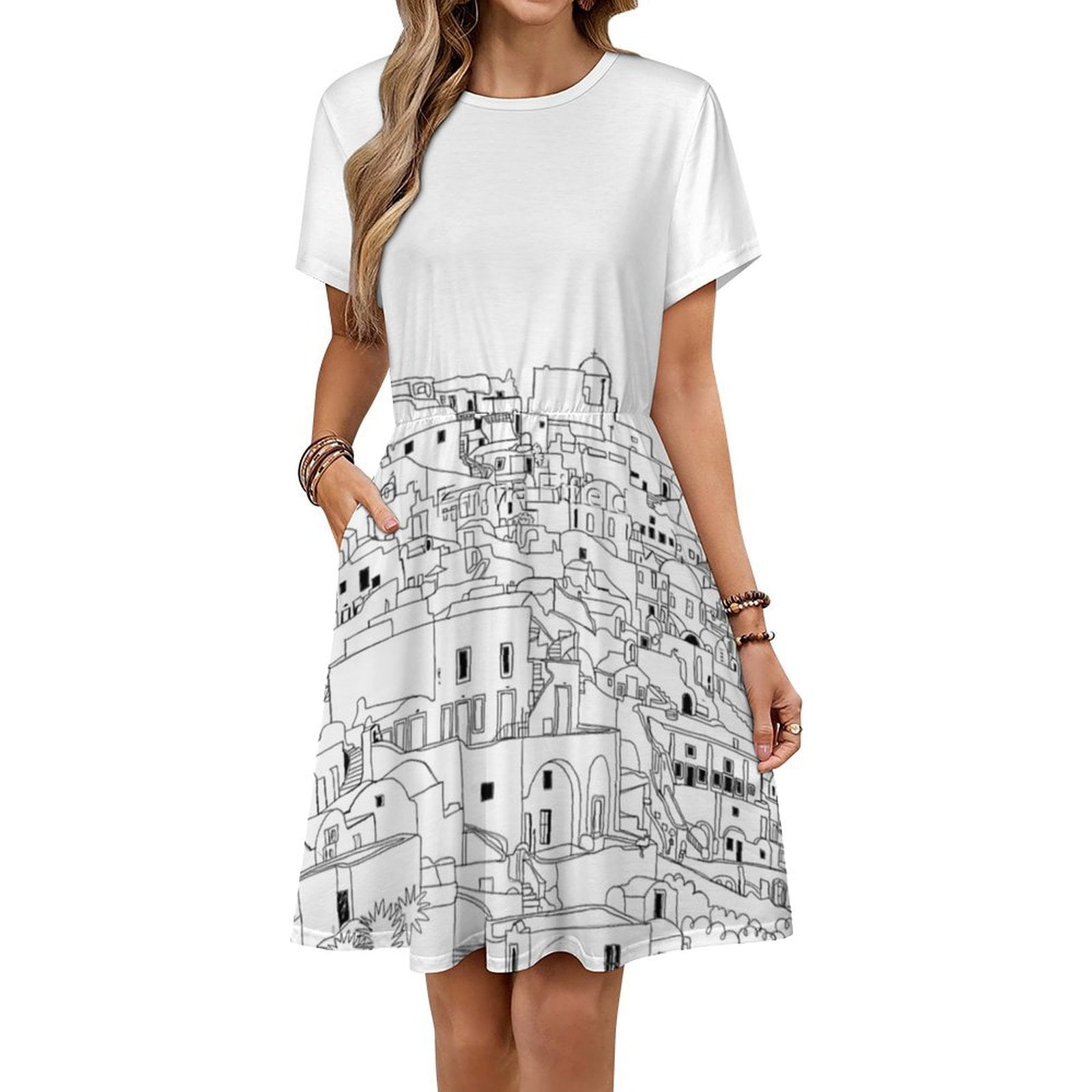 Santorini Black White Greece Greek Art Dress Fashion Beach Short Sleeve ...