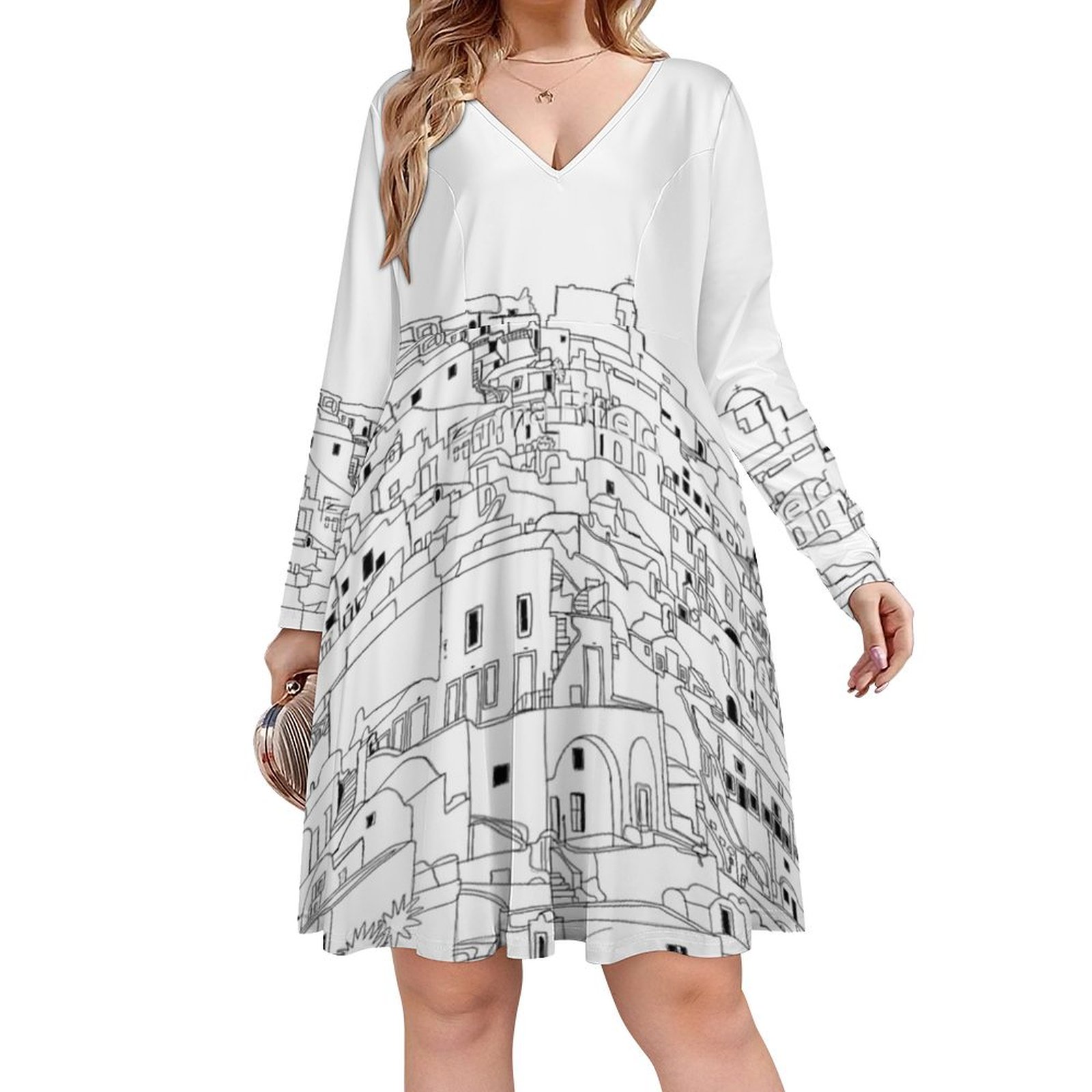 Santorini Black White Greece Greek Art Long Sleeve Sexy Dresses For ...