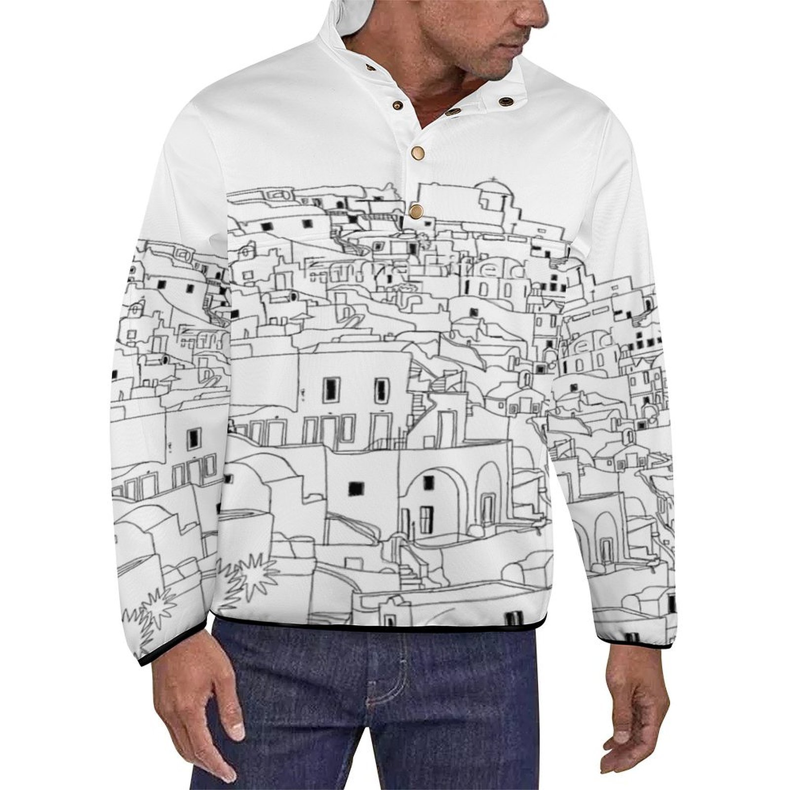 Santorini Black White Greece Greek Art Men's Stand Collar Sweater Long ...