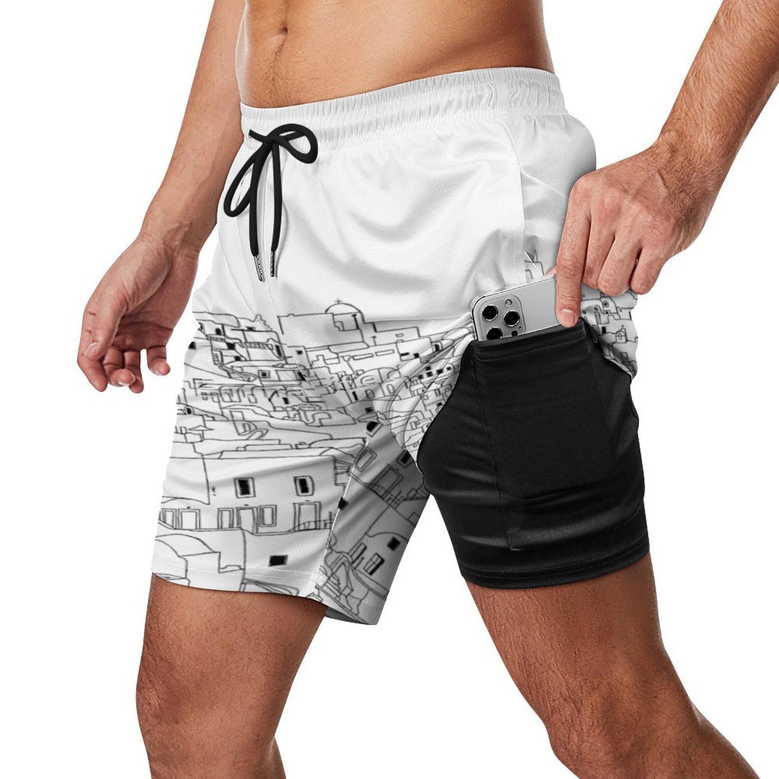 Santorini Black White Greece Greek Art Quick Dry Swimming Shorts For ...