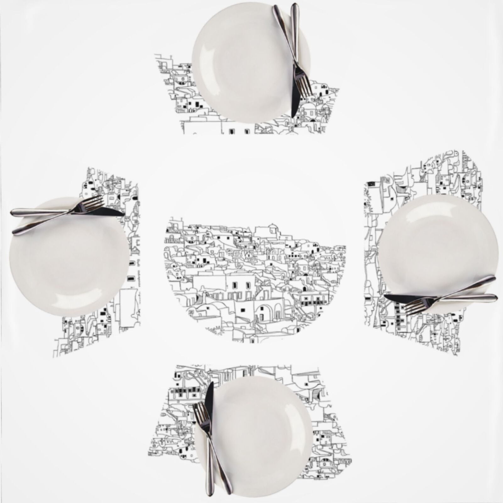 Santorini Black White Greece Greek Art Round Table Placemats Set Of 5 ...