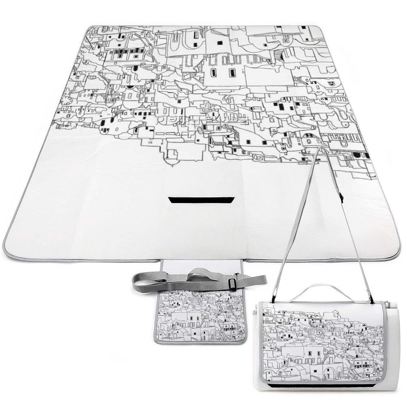 Santorini Black White Greece Greek Art Square Picnic Mat Waterproof ...