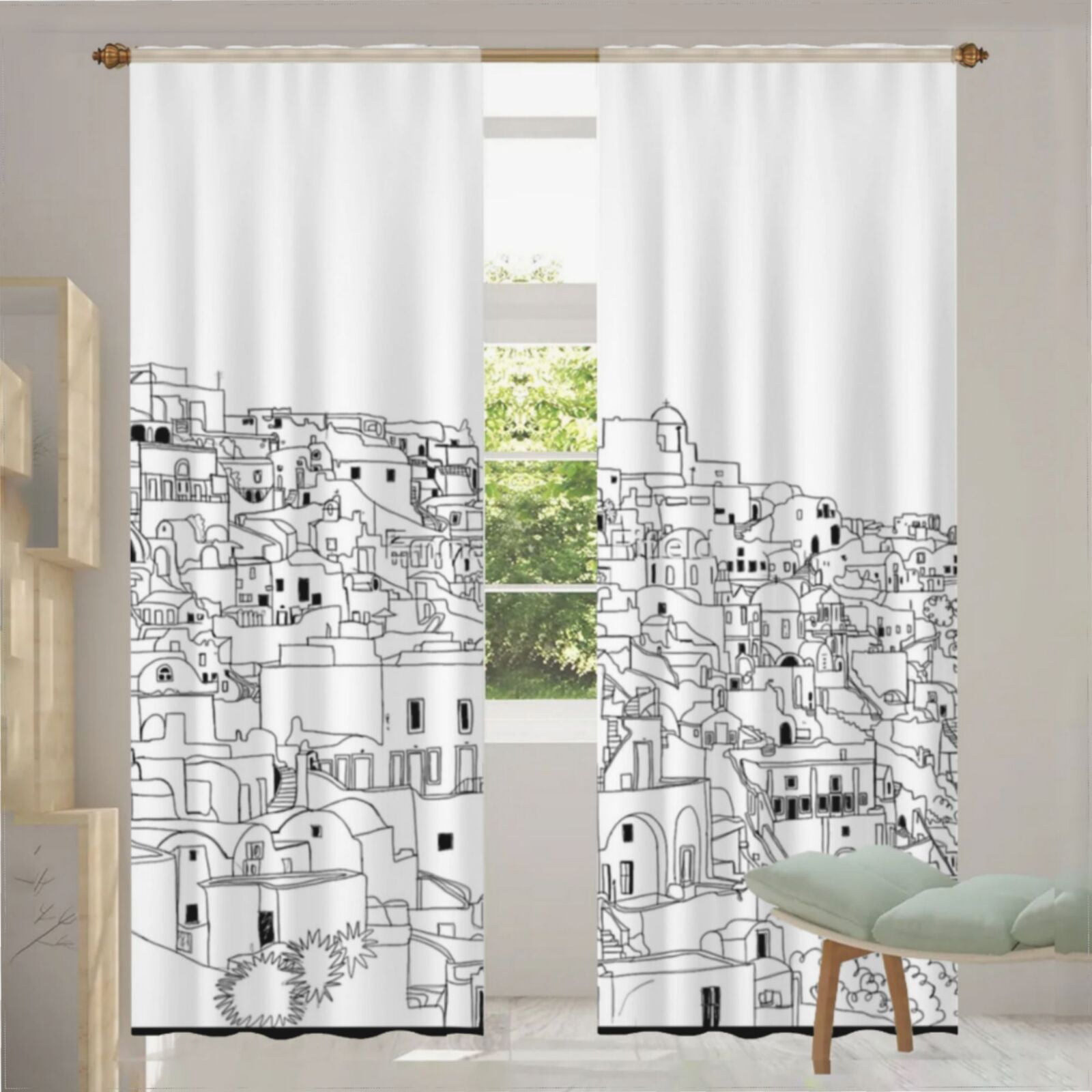 Santorini Black White Greece Greek Art Tulle Sheer Window Curtains For ...
