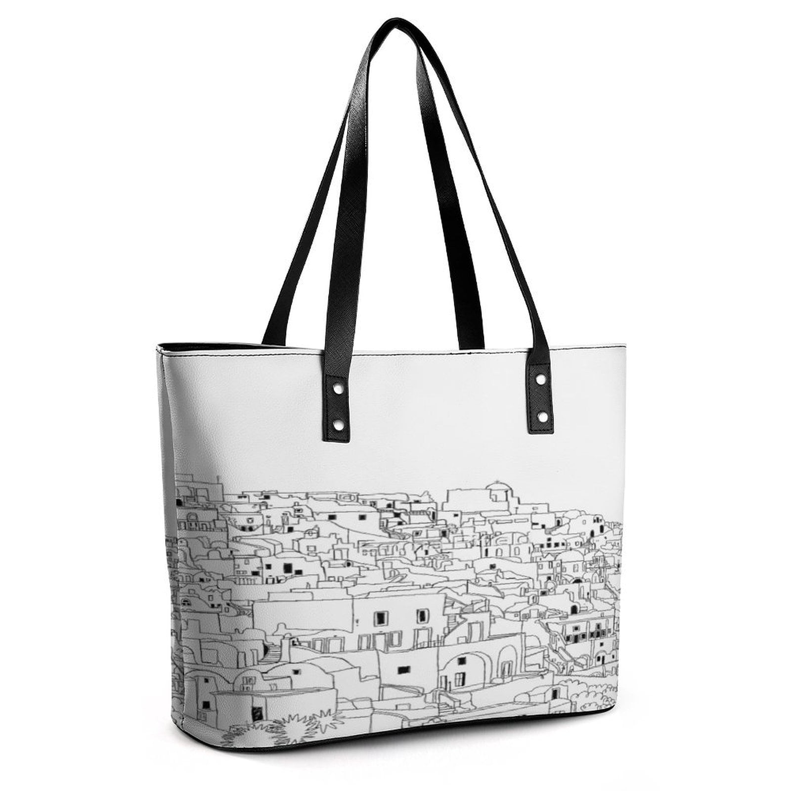 Santorini Black White Greece Greek Art Woman Leather Handbags Large ...