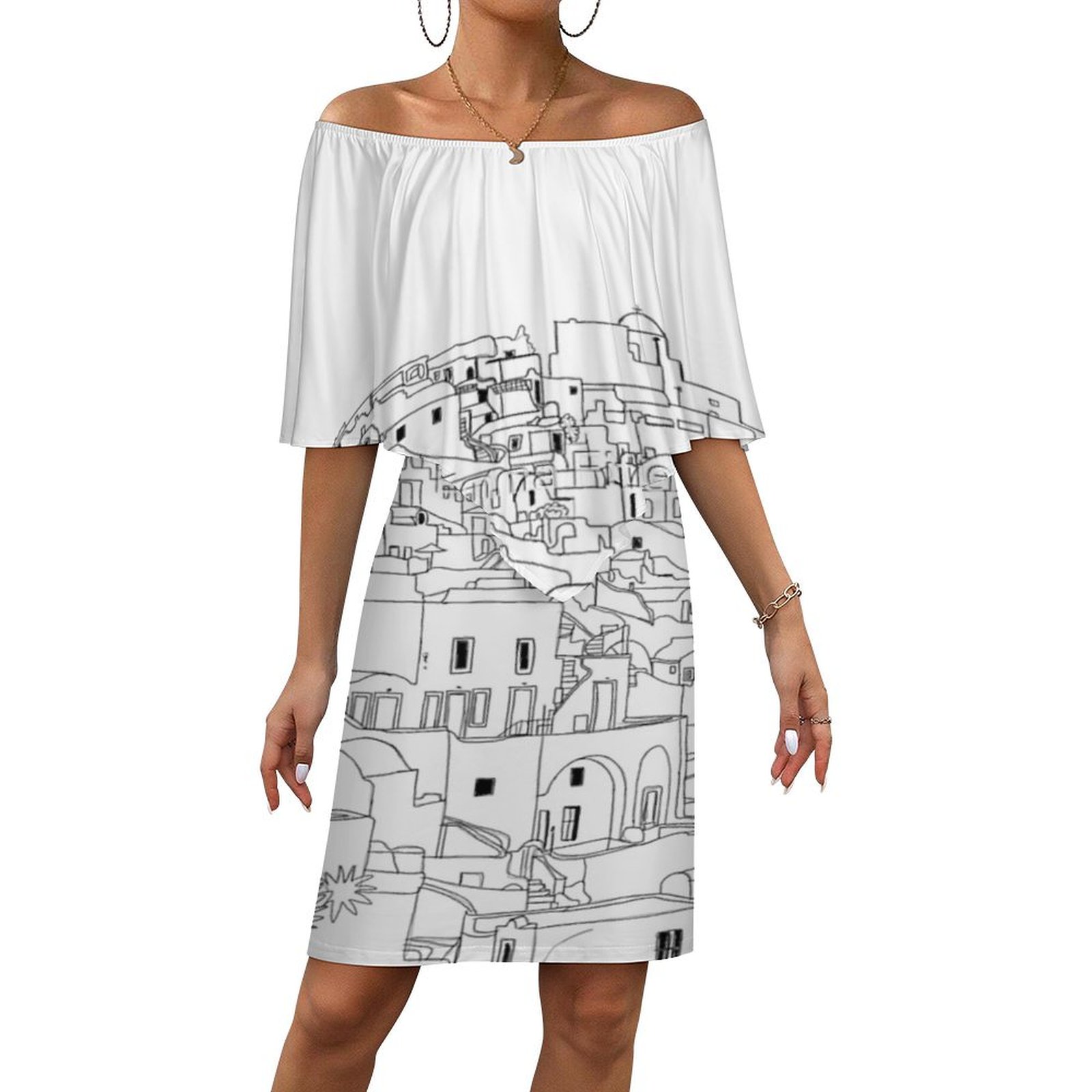 Santorini Black White Greece Greek Art Women's Off The Shoulder Ruffles ...