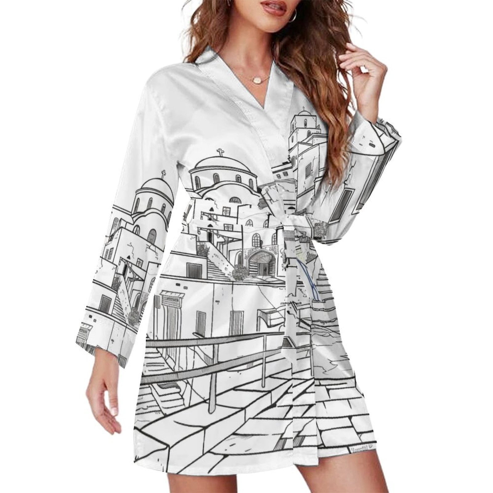 Santorini Black & White Greece Night Robe Long Sleeve V Neck Robe With ...
