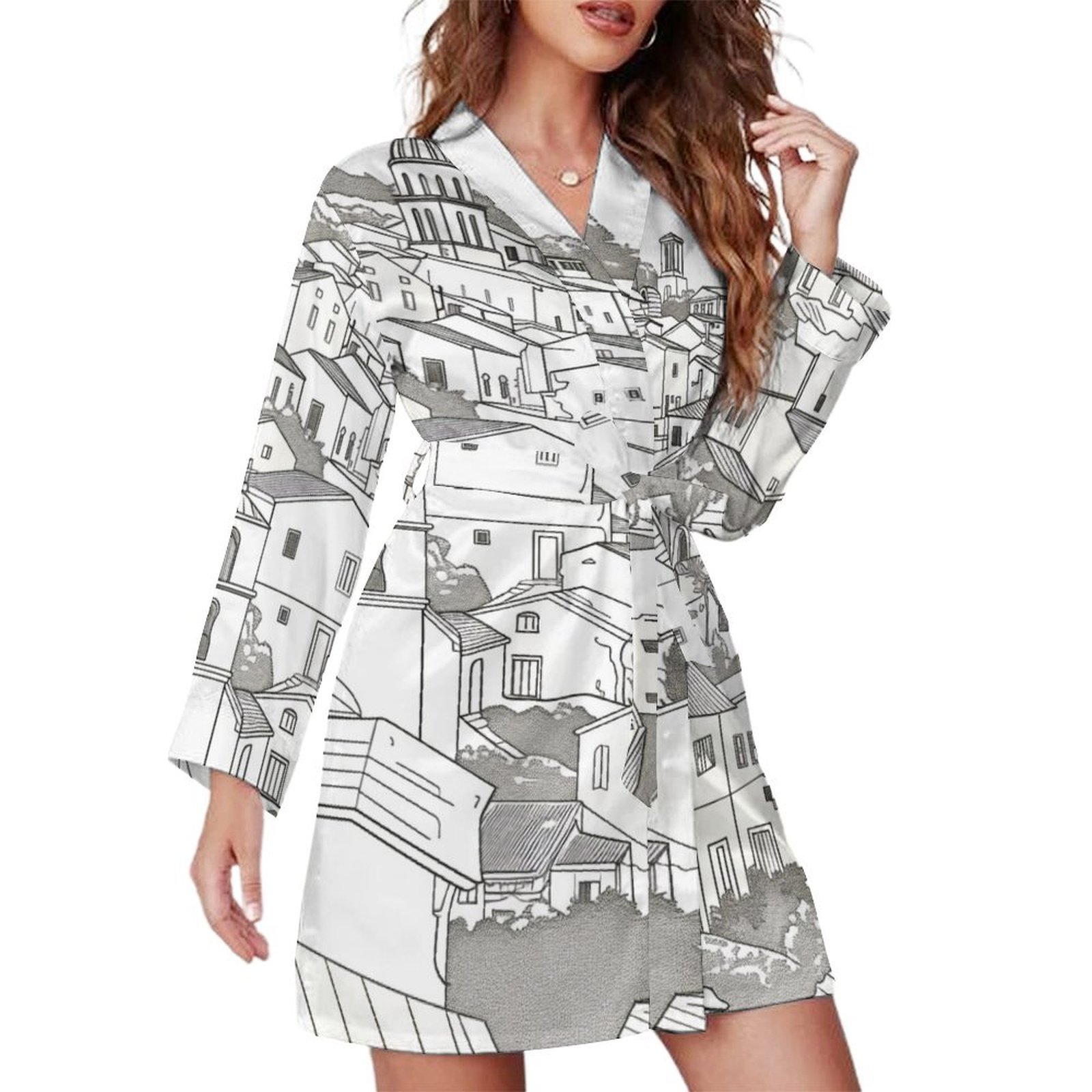 Santorini Black & White Greece Night Robe Long Sleeve V Neck Robe With ...