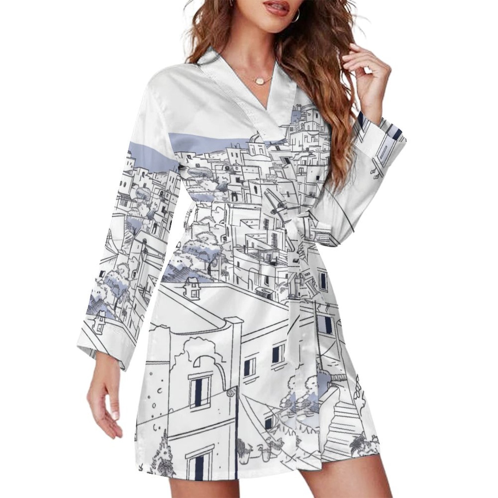 Santorini Black & White Greece Night Robe Long Sleeve V Neck Robe With ...