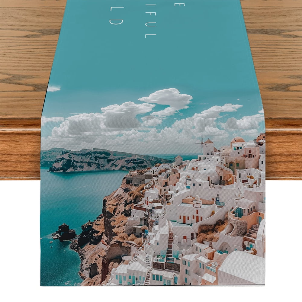 Santorini Coastal City Architecture Table Runners Tablecloth Home ...