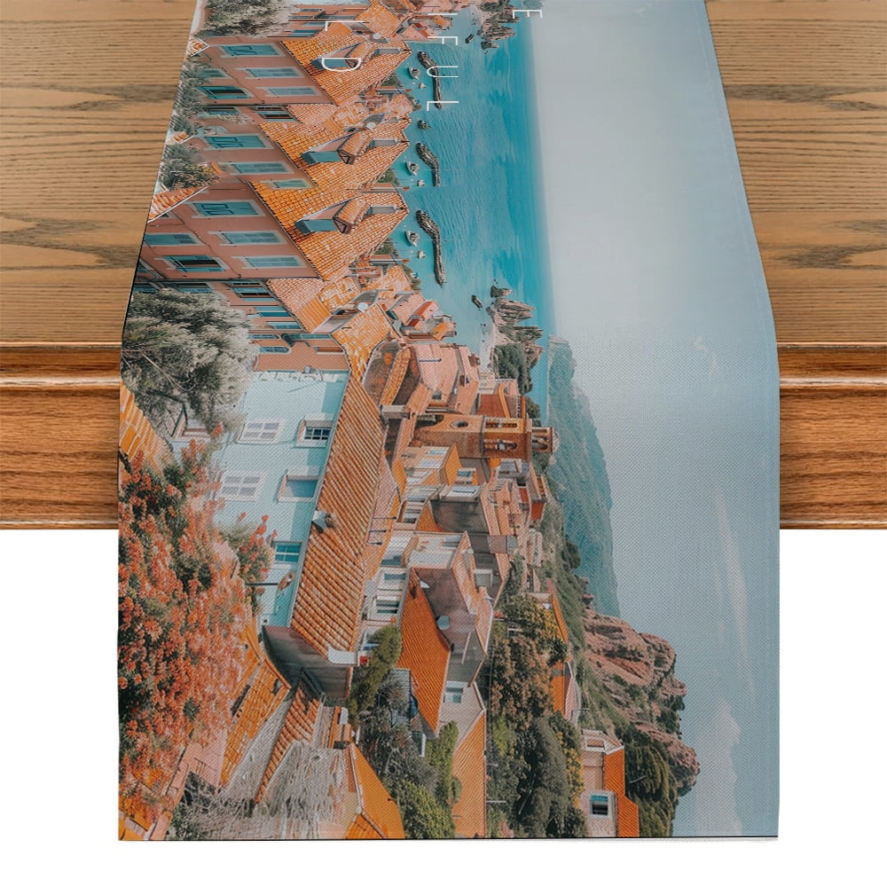 Santorini Coastal City Architecture Table Runners Tablecloth Home ...