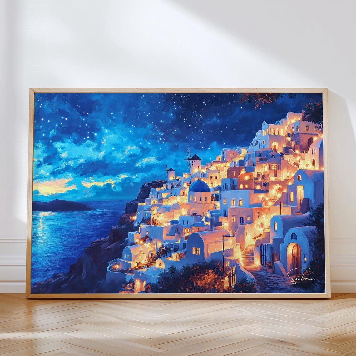 Santorini Greece Print, Oia Night View, Romantic Greek Island Art ...