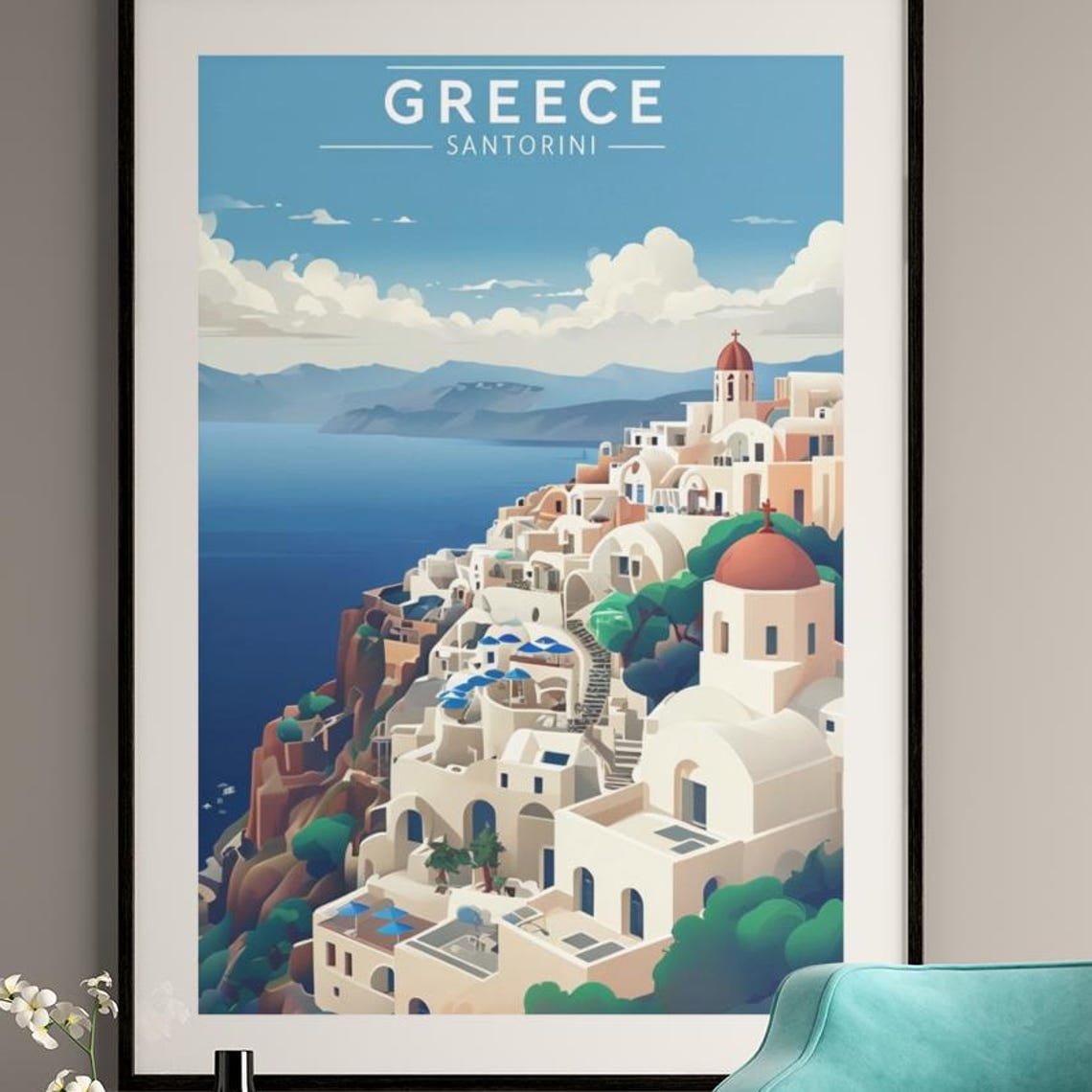 Santorini Greece Travel Poster Mediterranean Wall Art Coastal Village ...