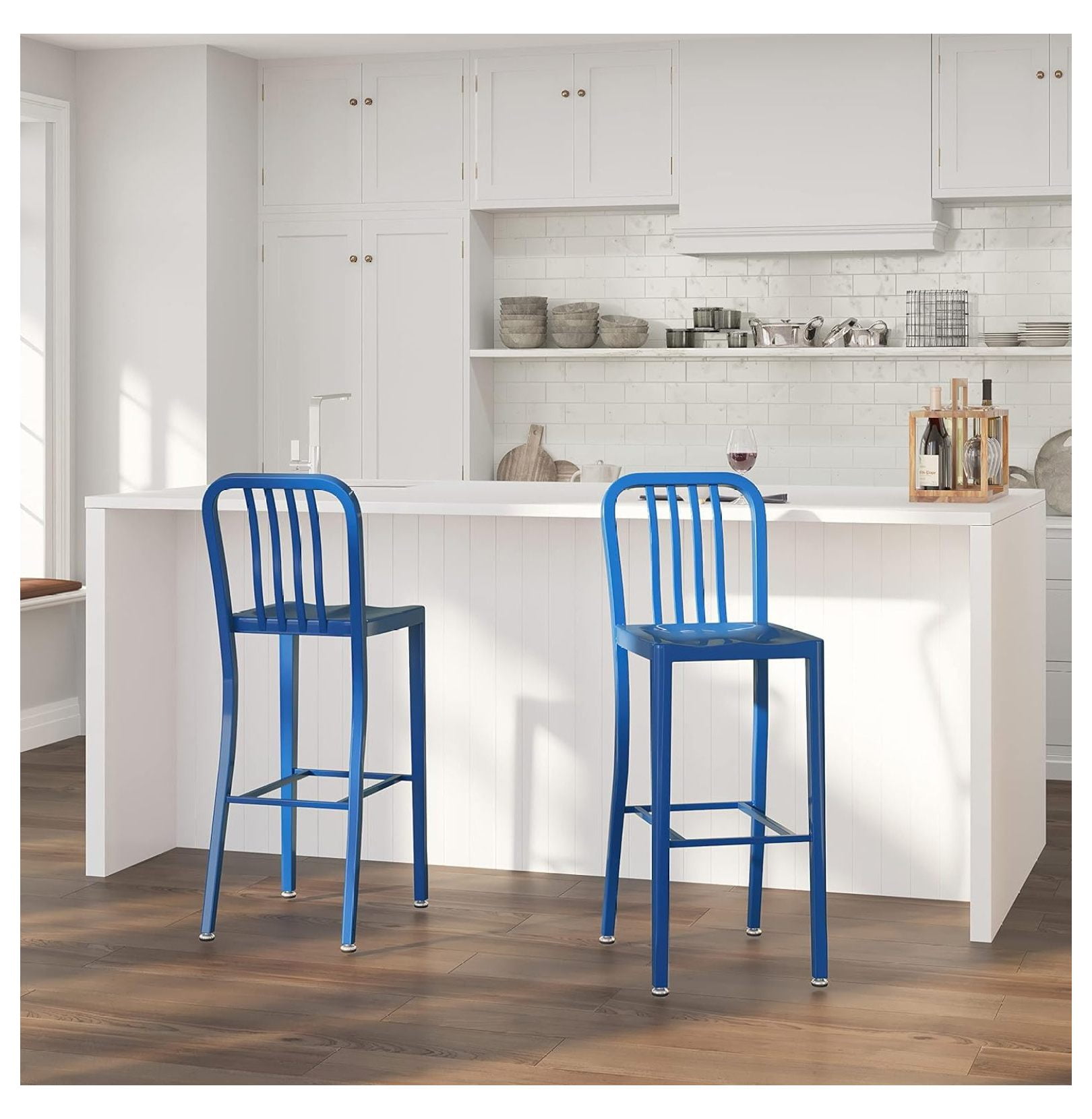 Santorini Indoor/Outdoor Bar Stool - Blue Steel Bar Stool - Tall Curved ...