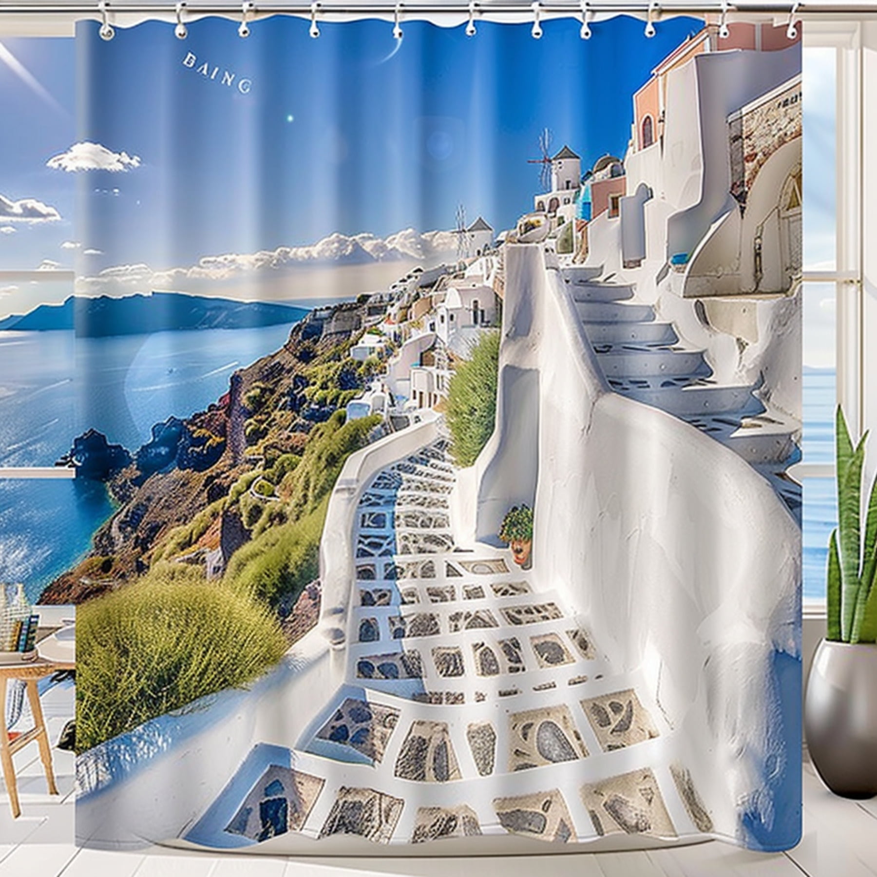 Santorini Landscape Shower Curtain White and Blue Bathroom Decor with ...