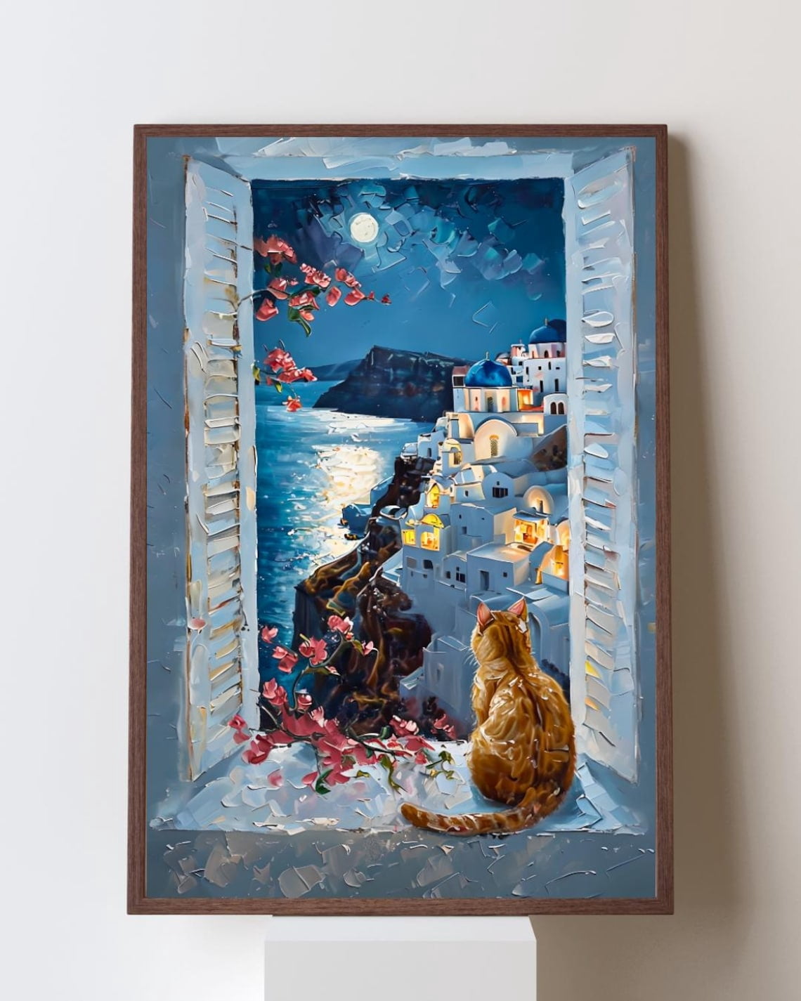 Santorini Night Window Poster – Moonlit Greek Art With Cat, Romantic ...