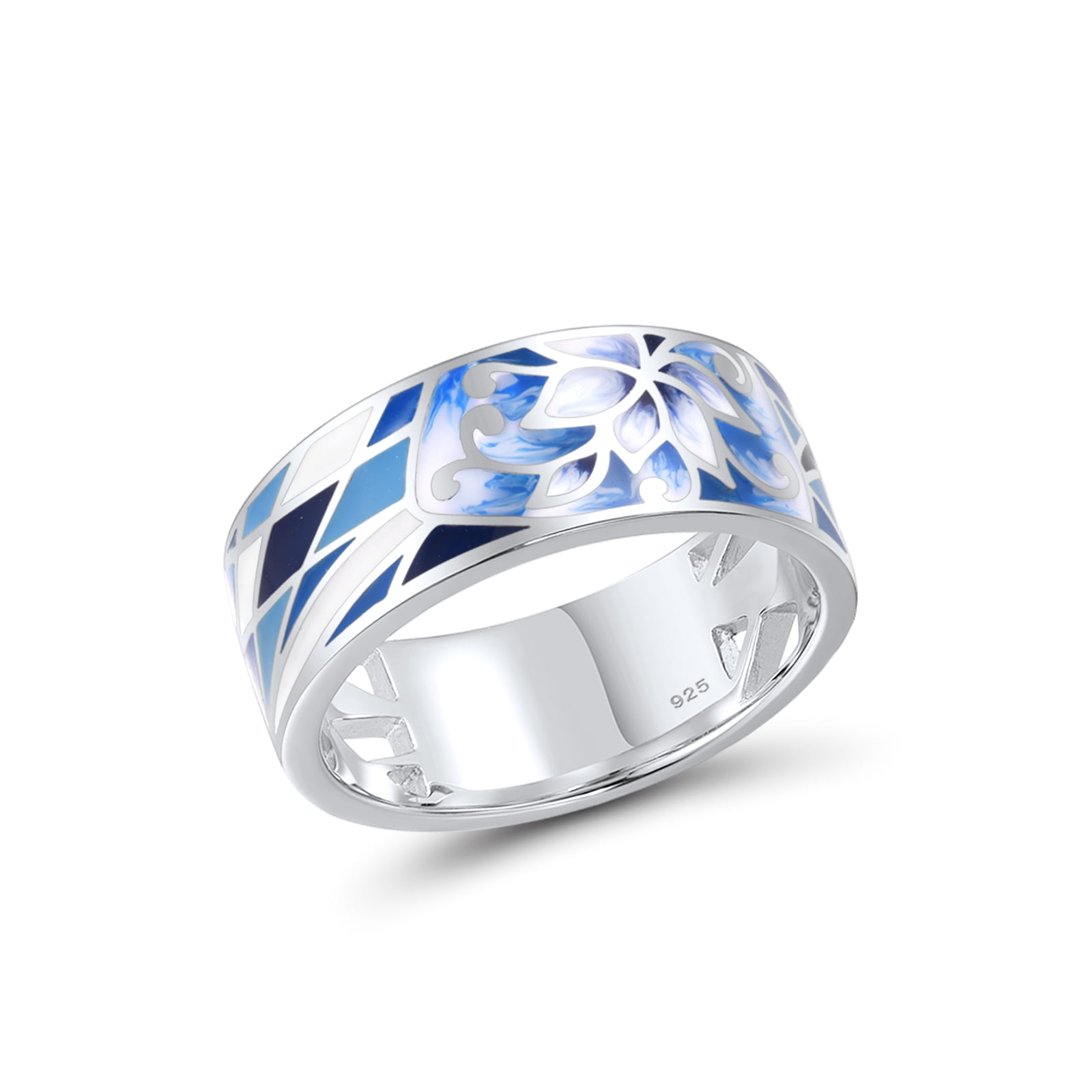 Santuzza Lily Ring 925 Sterling Silver Oriental Blue Flower Enamel Pattern Ring for Women ...