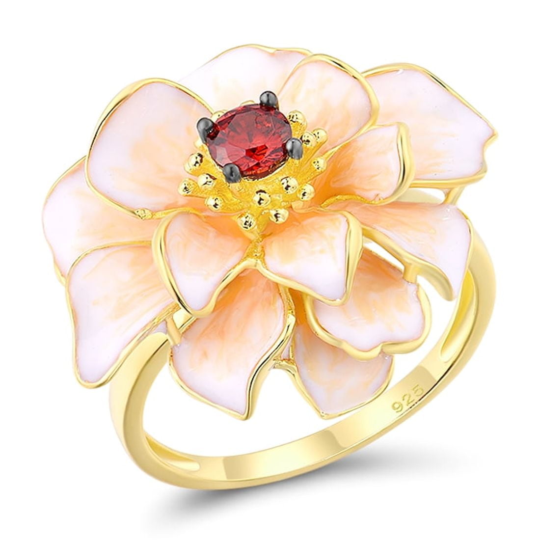 Santuzza Lotus Ring 925 Sterling Silver Garnet Cubic Zirconia Handmade ...