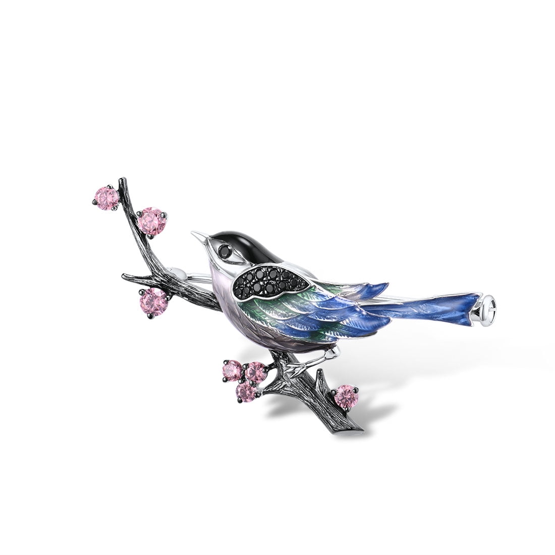 Santuzza Magpie Brooch 925 Sterling Silver Enamel Bird Black Spinel ...