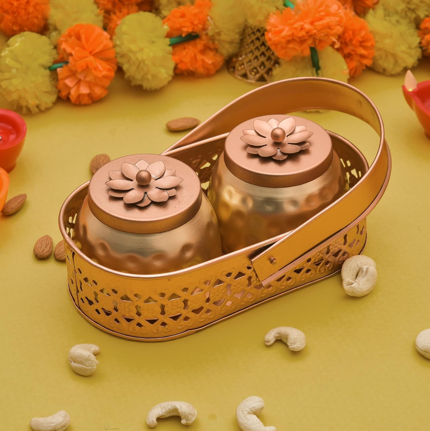 Sanvatsar Rectangular Shape Metal Basket with Jar Tray 2 Copper Flower ...