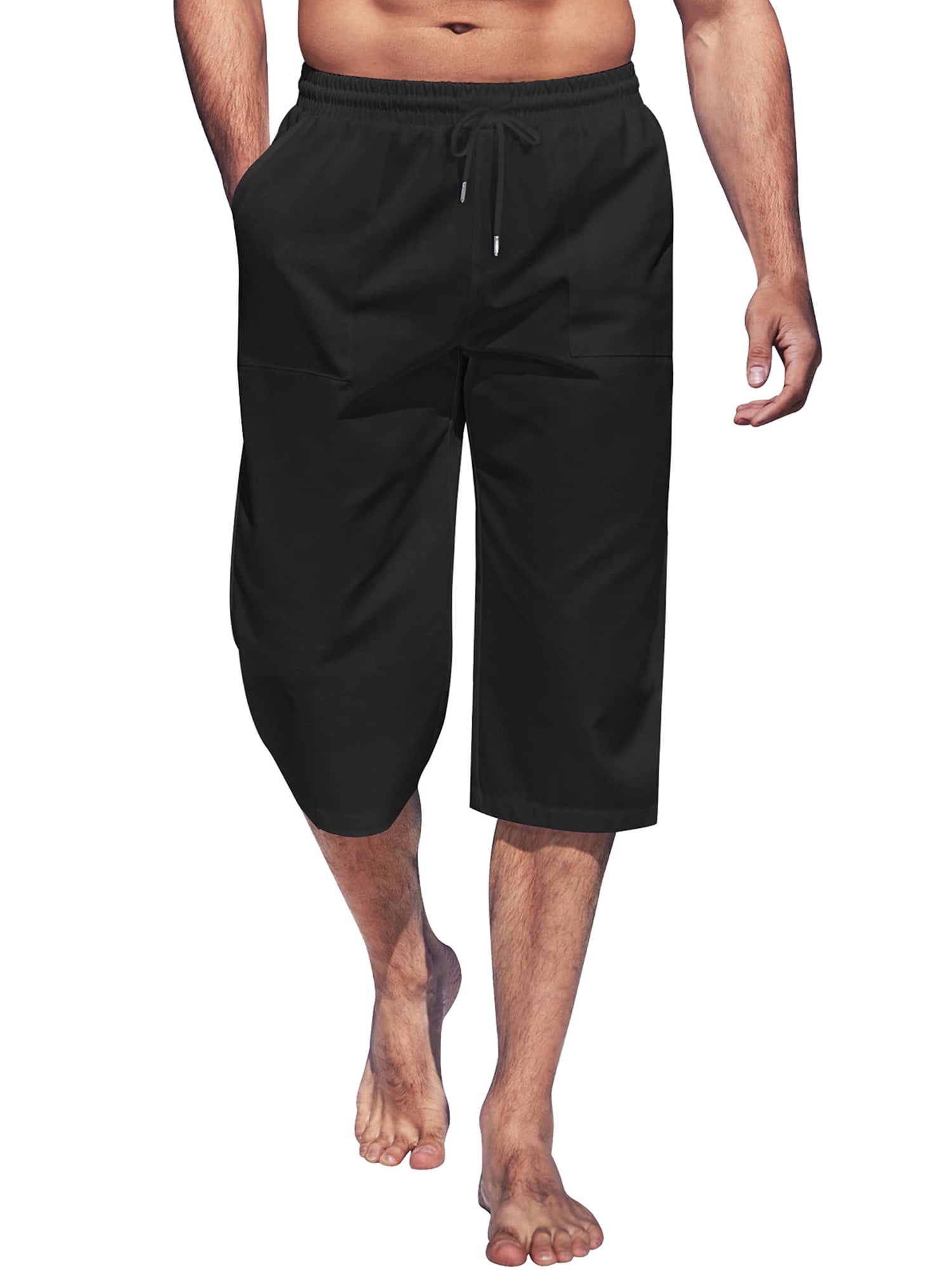 Sanviglor Men Bottoms High Waist 3 4 Long Pants Drawstring Capri Shorts