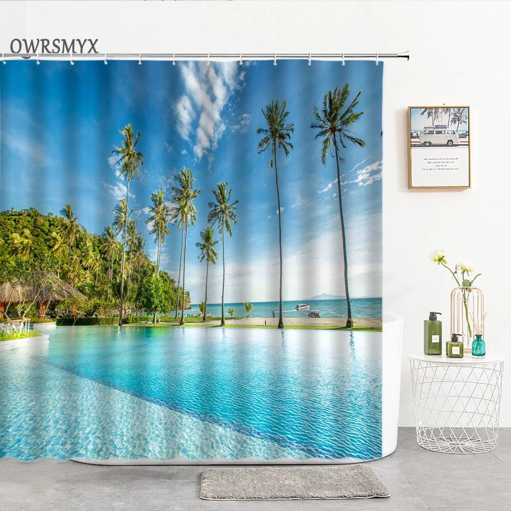 Sanya Blue Ocean Coconut Tree Landscape Shower Curtains Aesthetic ...
