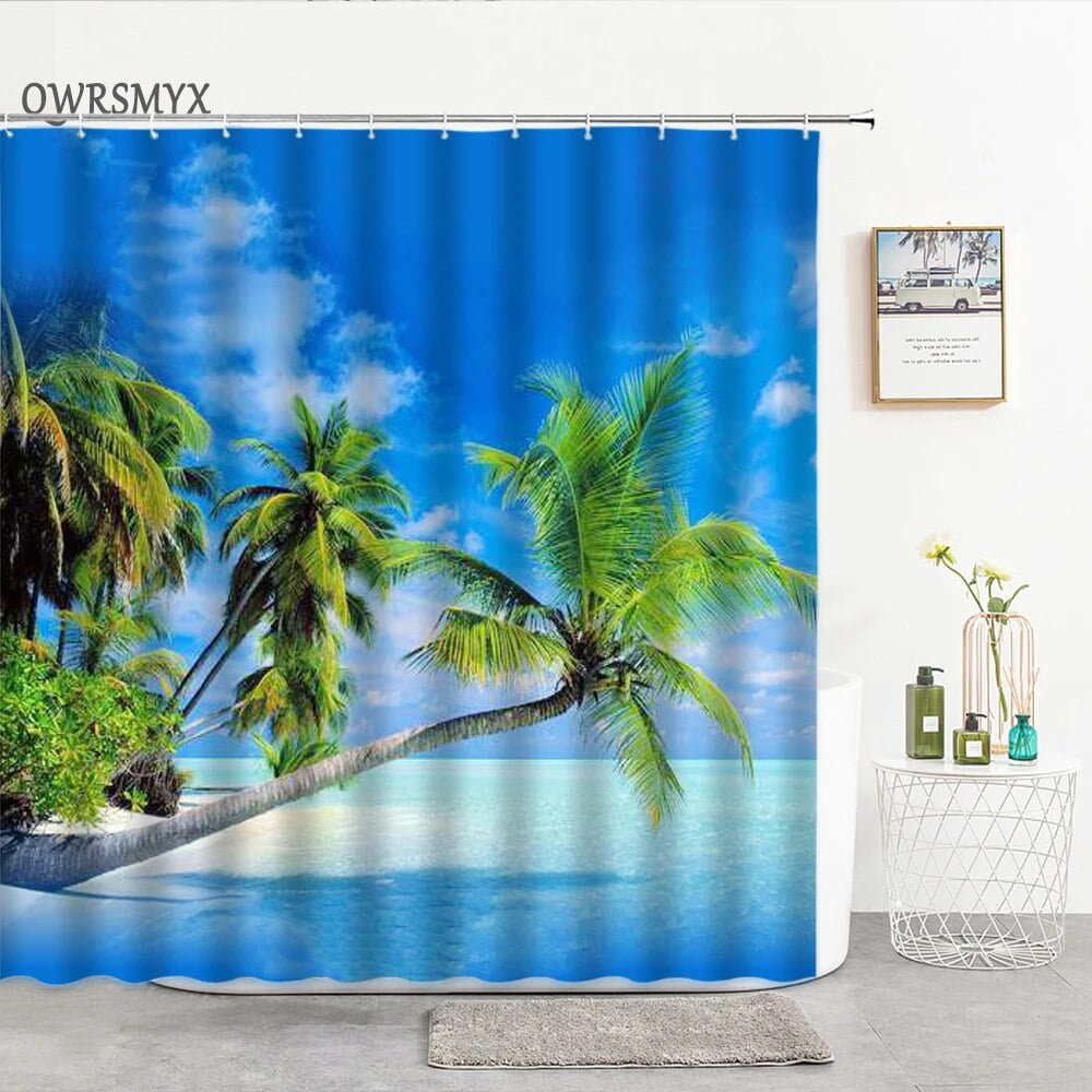 Sanya Blue Ocean Coconut Tree Landscape Shower Curtains Aesthetic