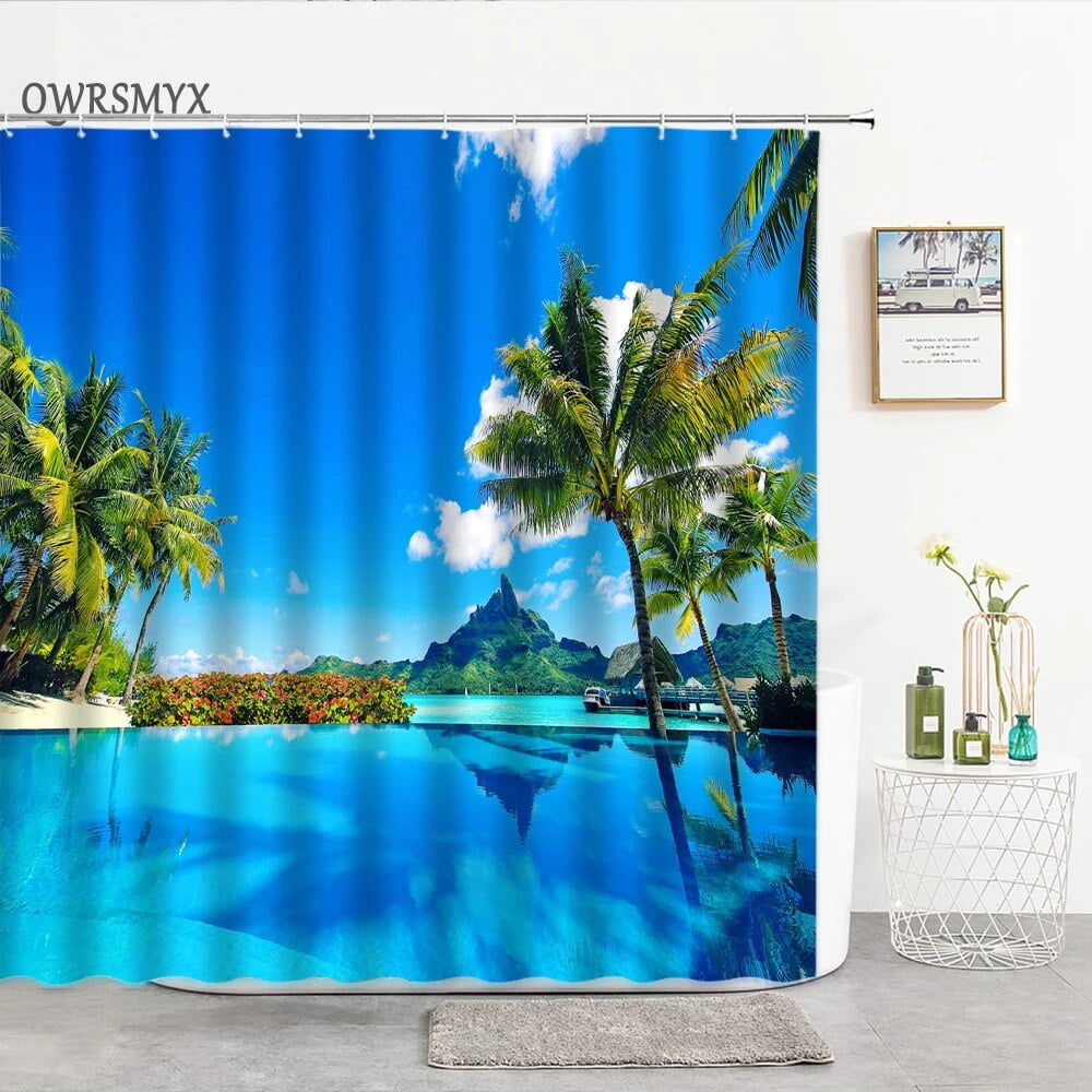 Sanya Blue Ocean Coconut Tree Landscape Shower Curtains Aesthetic