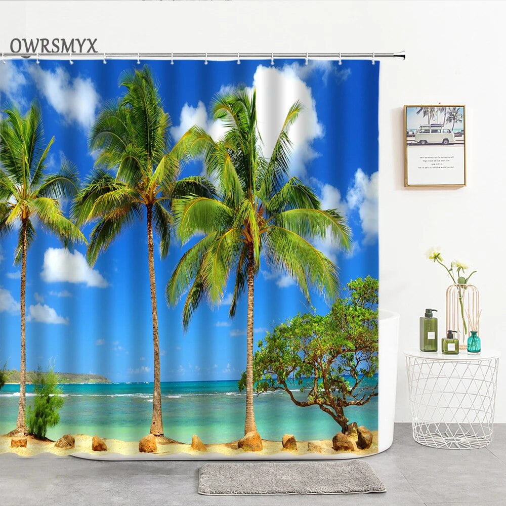 Sanya Blue Ocean Coconut Tree Landscape Shower Curtains Aesthetic ...