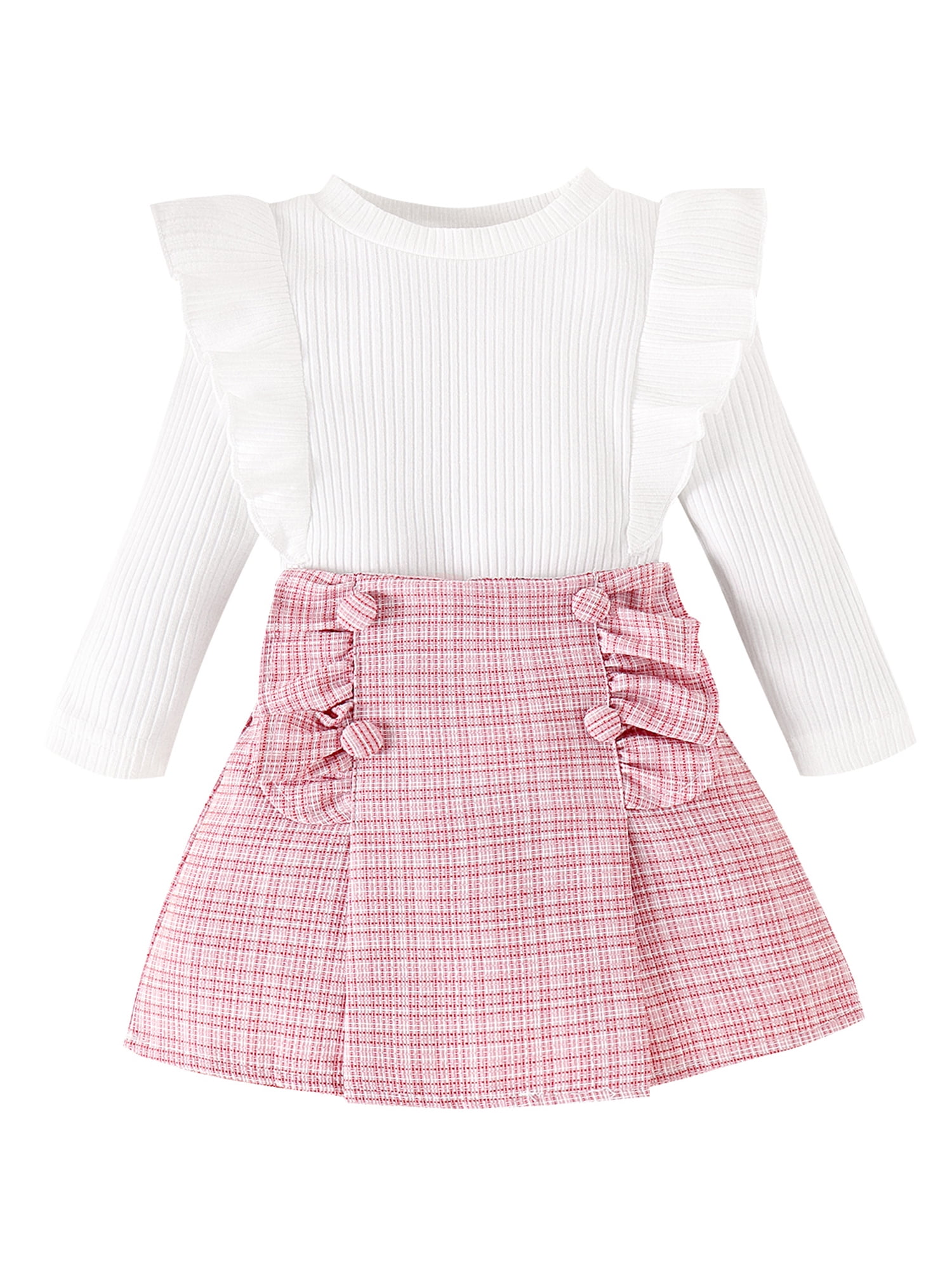 Saoakiny Girl Skirt Outfits Long Sleeve Ruffle Ribbed Tops A-line Plaid ...