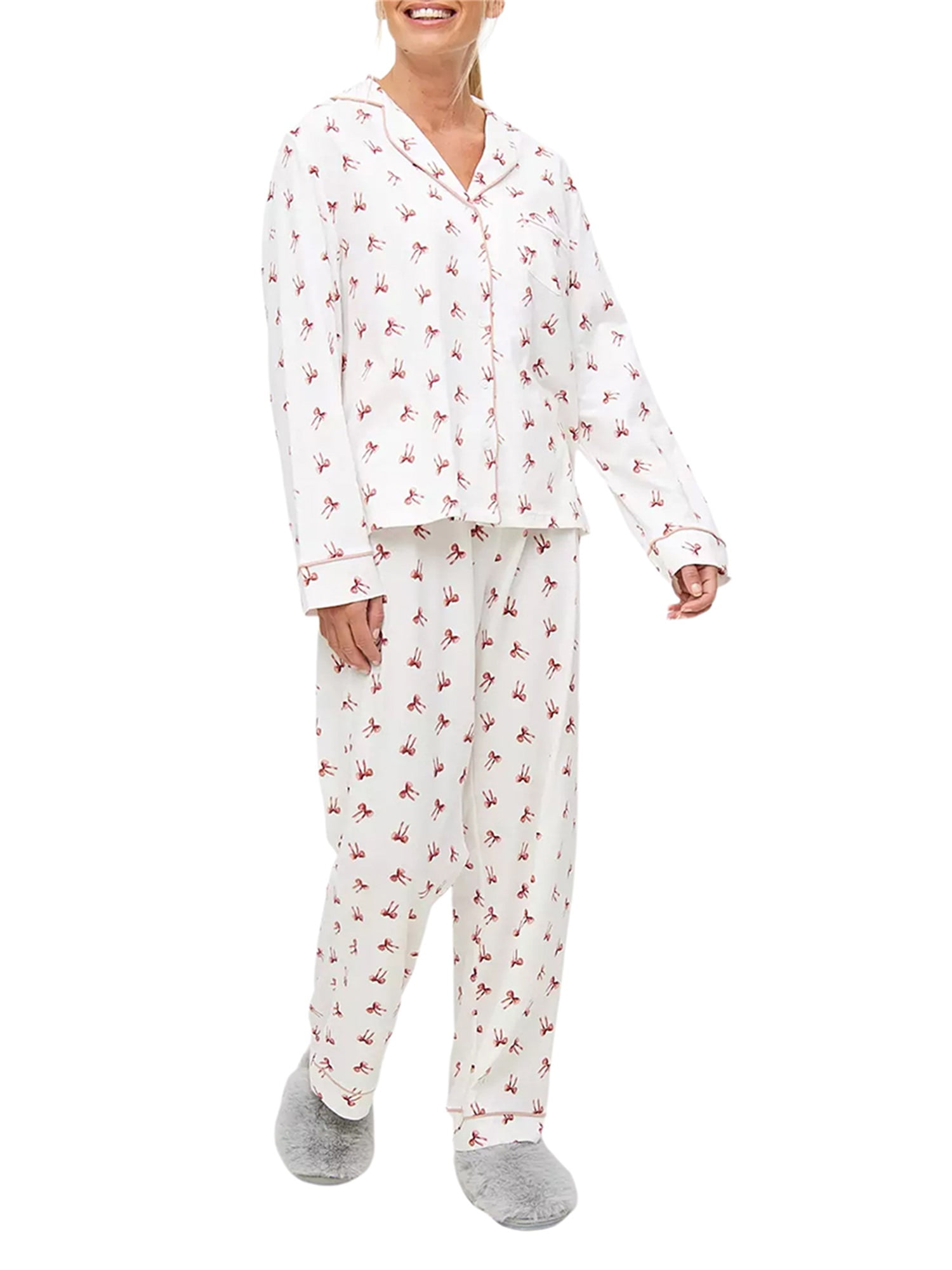 Saoakiny Women Pajamas Set Bow Print Button Long Sleeves Shirt and ...
