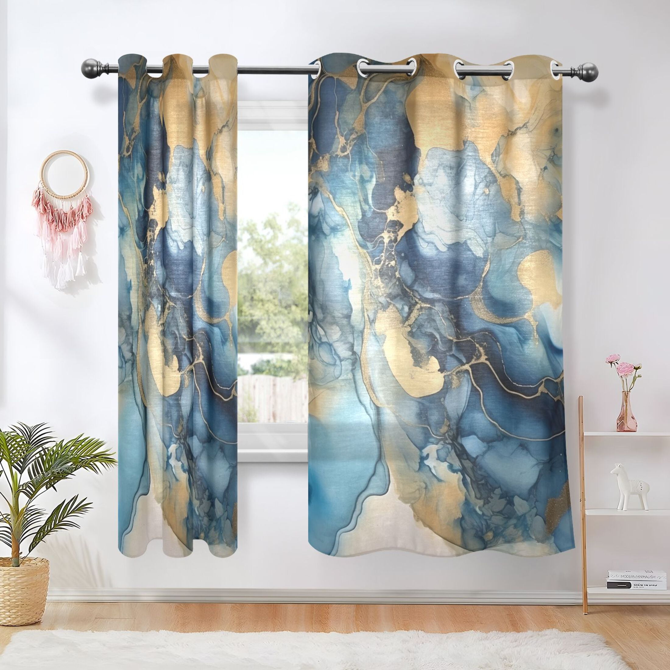 Sapphire Gold Ink Marble Sheer Curtains 2 Panels Set Grommet Drapes for ...