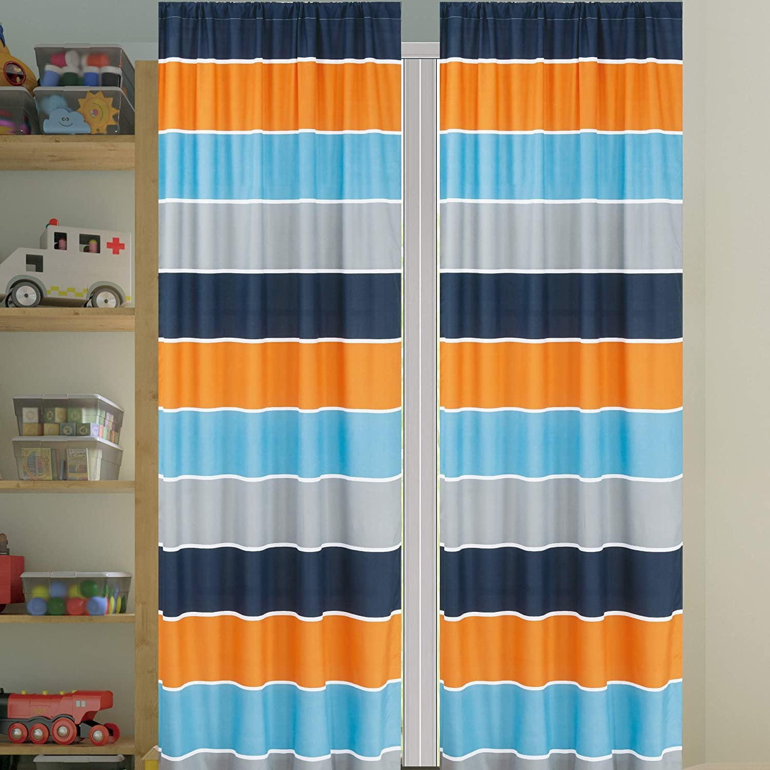 Sapphire Home 2 Panel Curtain Set, Blue Orange Gray Stripes Print Multi ...