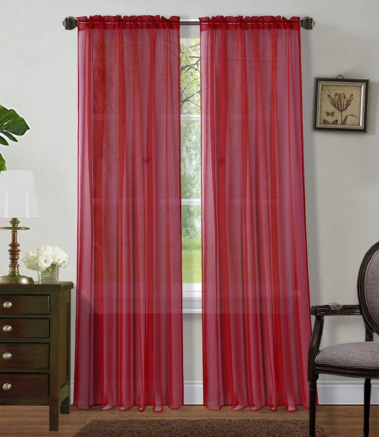 Sapphire Home Solid Sheer Red Voile Rod Pocket Curtains, 54” x 63” (2 ...