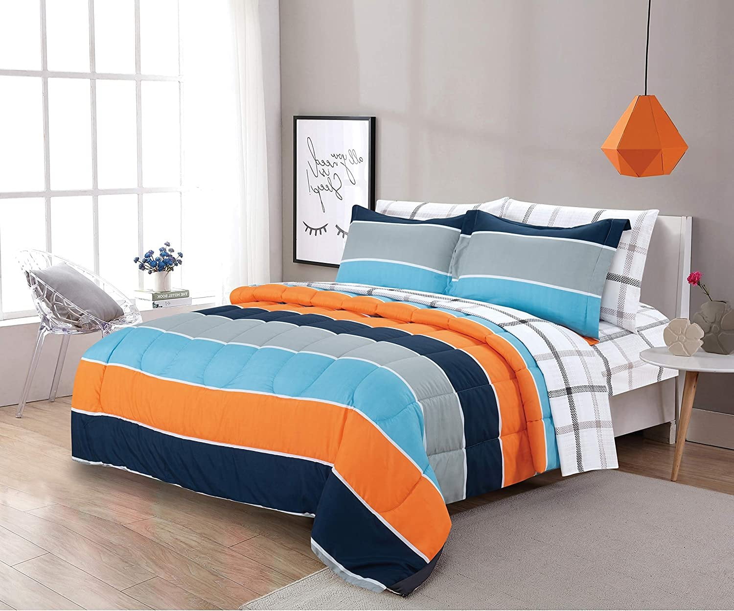 Sapphire Home 2 Piece Twin Size Comforter Set with Shams, Blue Orange ...