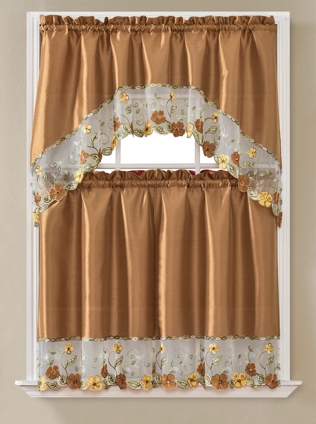 Sapphire Home 3 Piece Kitchen Curtain Linen Set - 2 Tiers 30" W Total ...