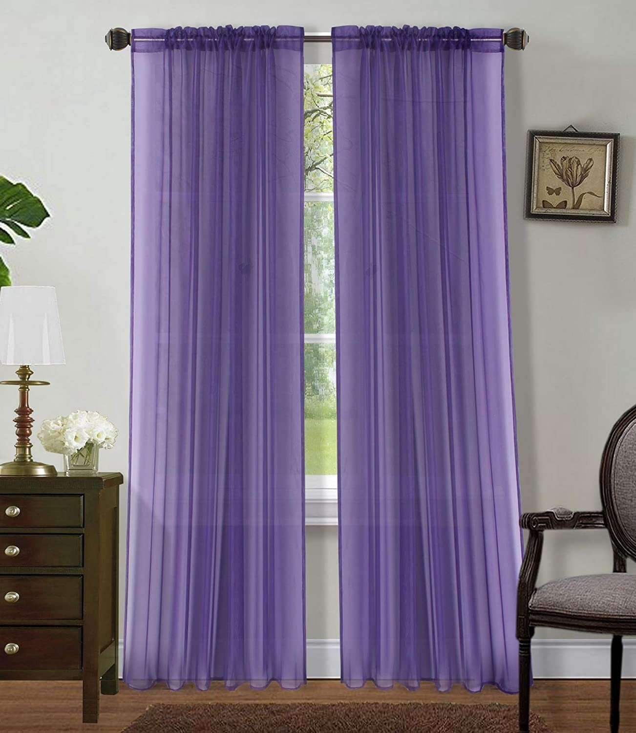 Sapphire Home Solid Sheer Purple Rod Pocket Curtains, 54” x 63” (2 ...
