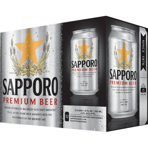 Sapporo Lager Beer, 12 fl oz Cans, 12 Pack, 4.9% ABV, Crisp Refreshing ...