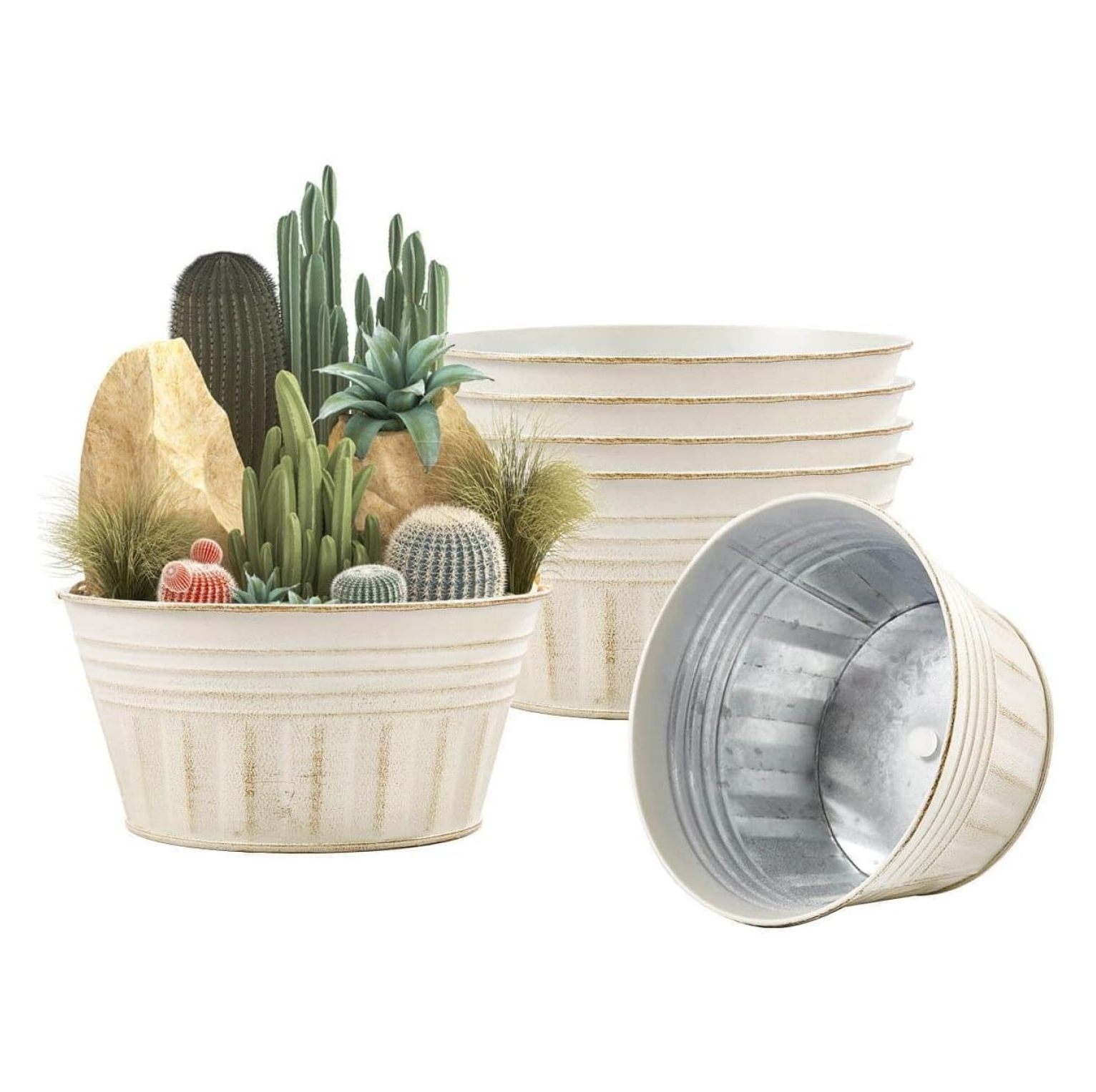 SarCQg 10 Inch Beige Metal Rustic Plant Pots - 4Pcs Shallow Galvanized ...