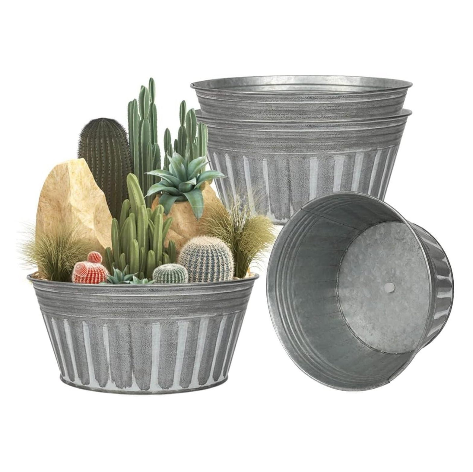 SarCQg 10 Inch Silver Metal Rustic Plant Pots - 4Pcs Shallow Galvanized ...