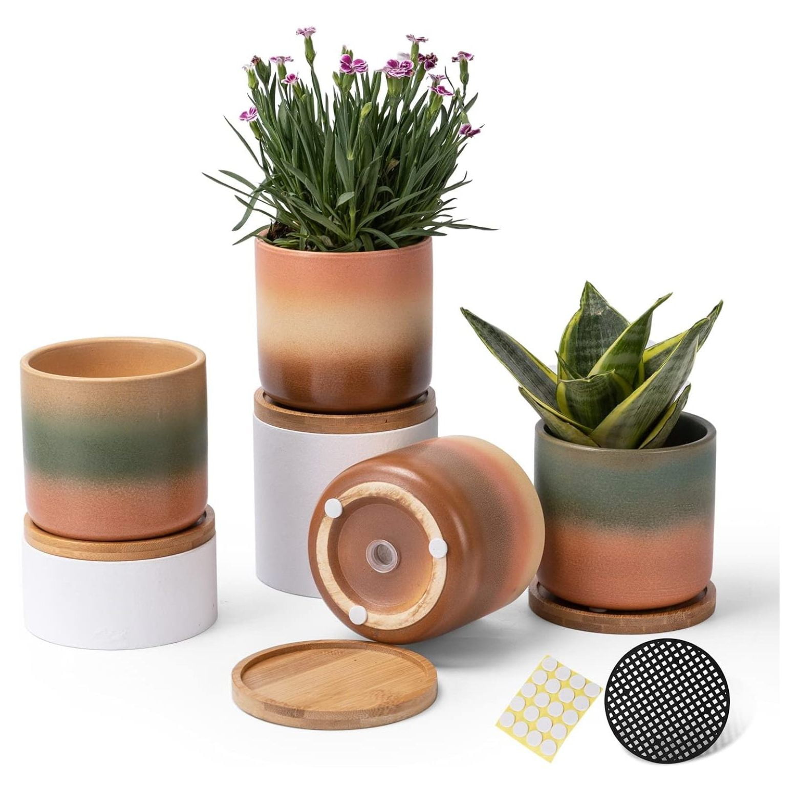 SarCQg 4 Inch Cylinder Ceramic Plant Pots with Drainage Hole and Bamboo ...