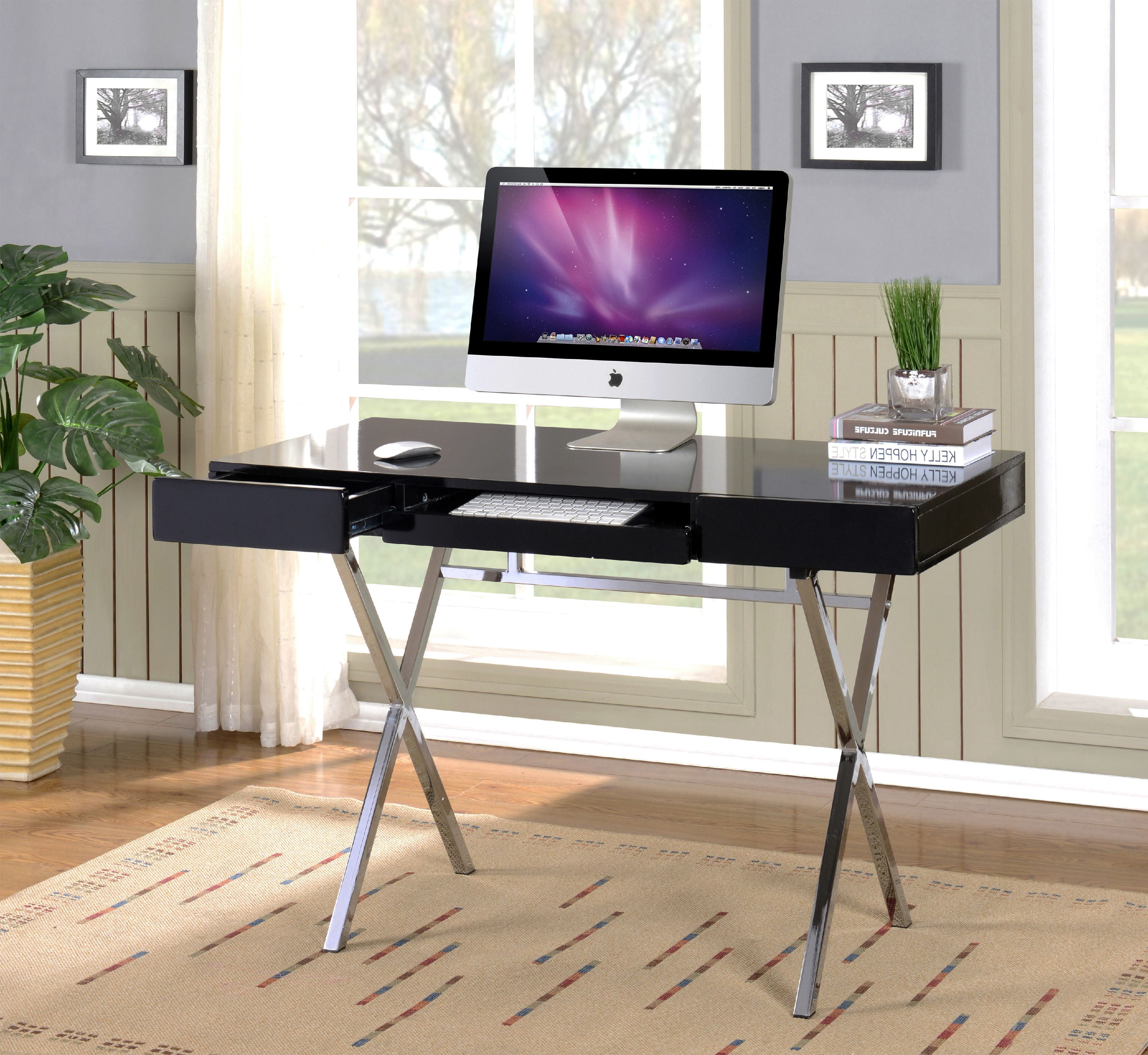 Sarai Modern Computer Desk with Storage, Black Wood & Chrome Metal ...
