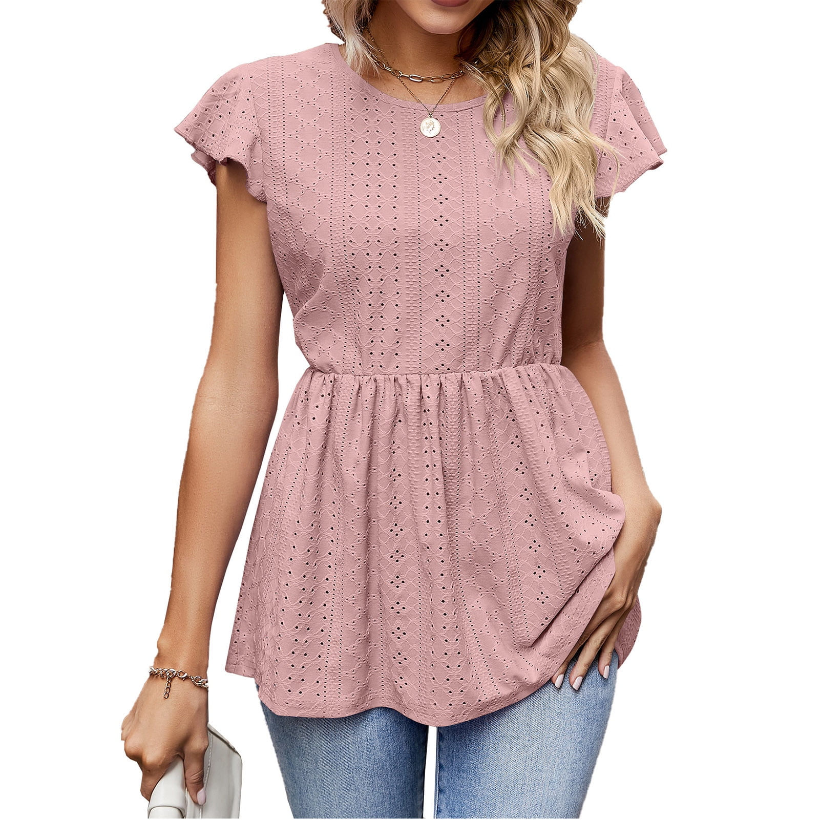 Sarapandan Pink Women's Flowy Tunic Top - Sleeveless, Crewneck, Eyelet ...